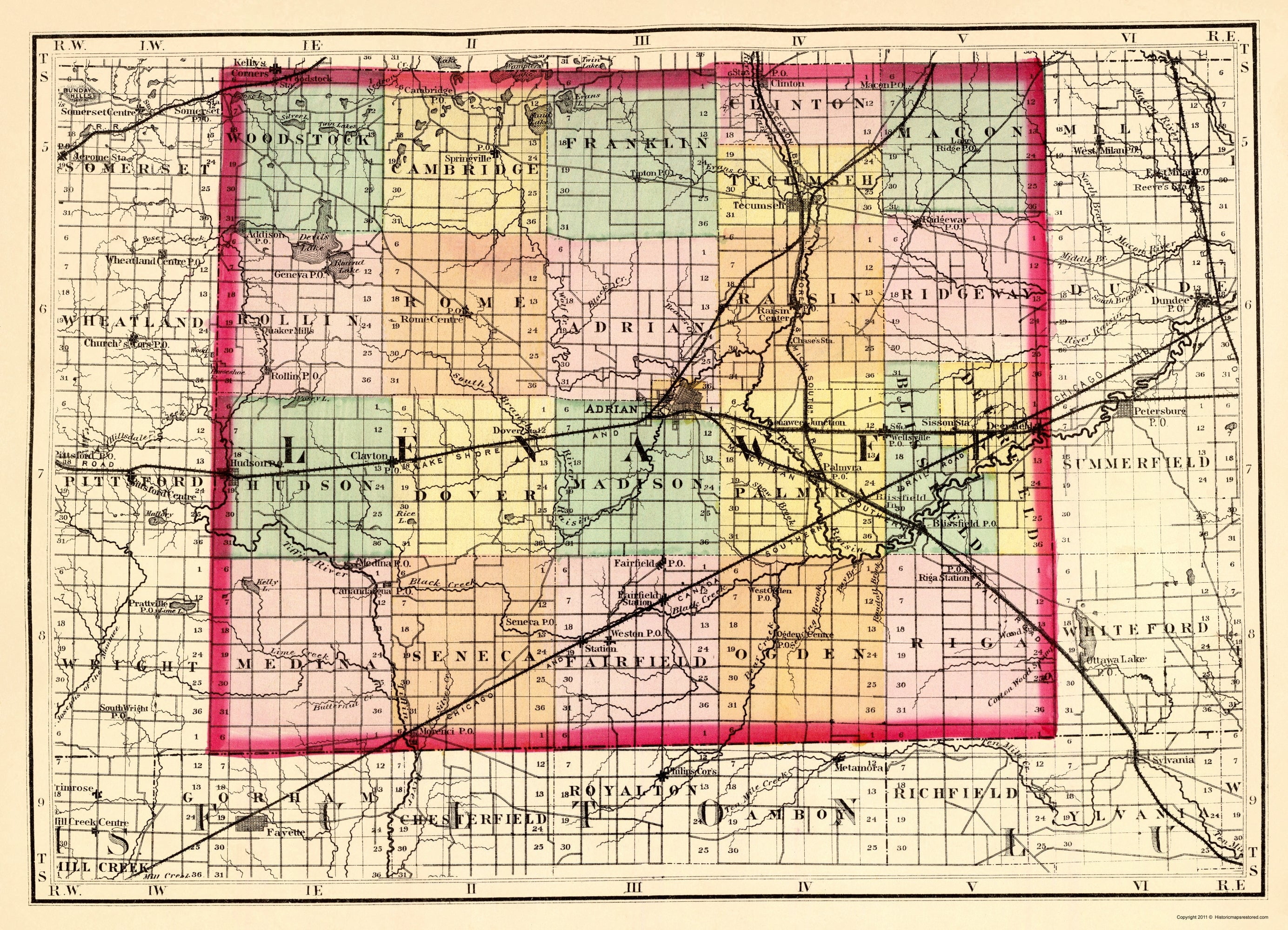 Historic County Map - Lenawee County Michigan - Walling 1873 - 23 x 31. ...