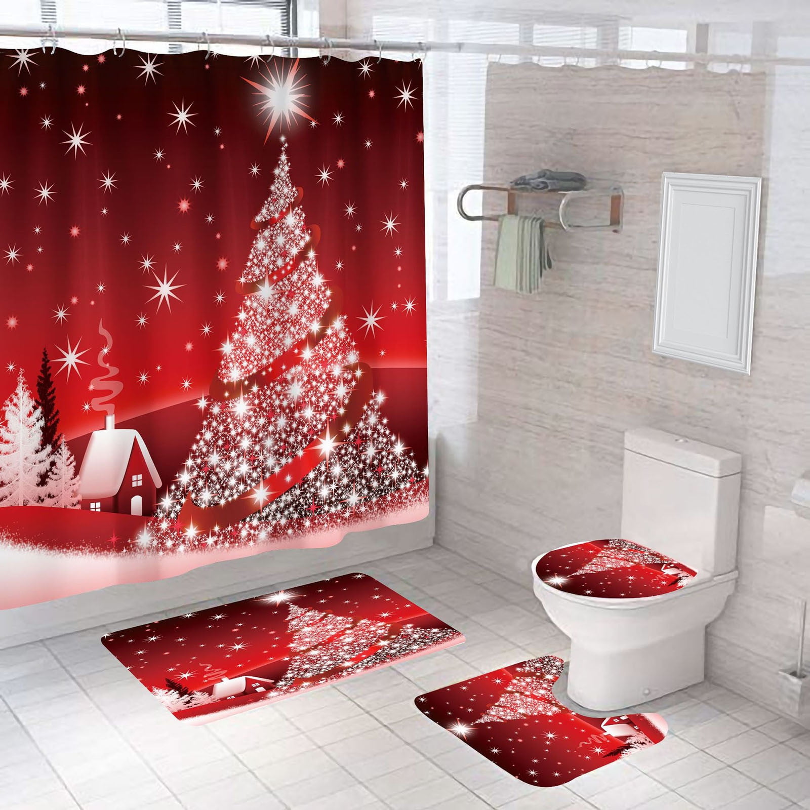 Lenkho 4Pcs Christmas Bathroom Sets With Shower Curtain, Rugs, Toilet ...