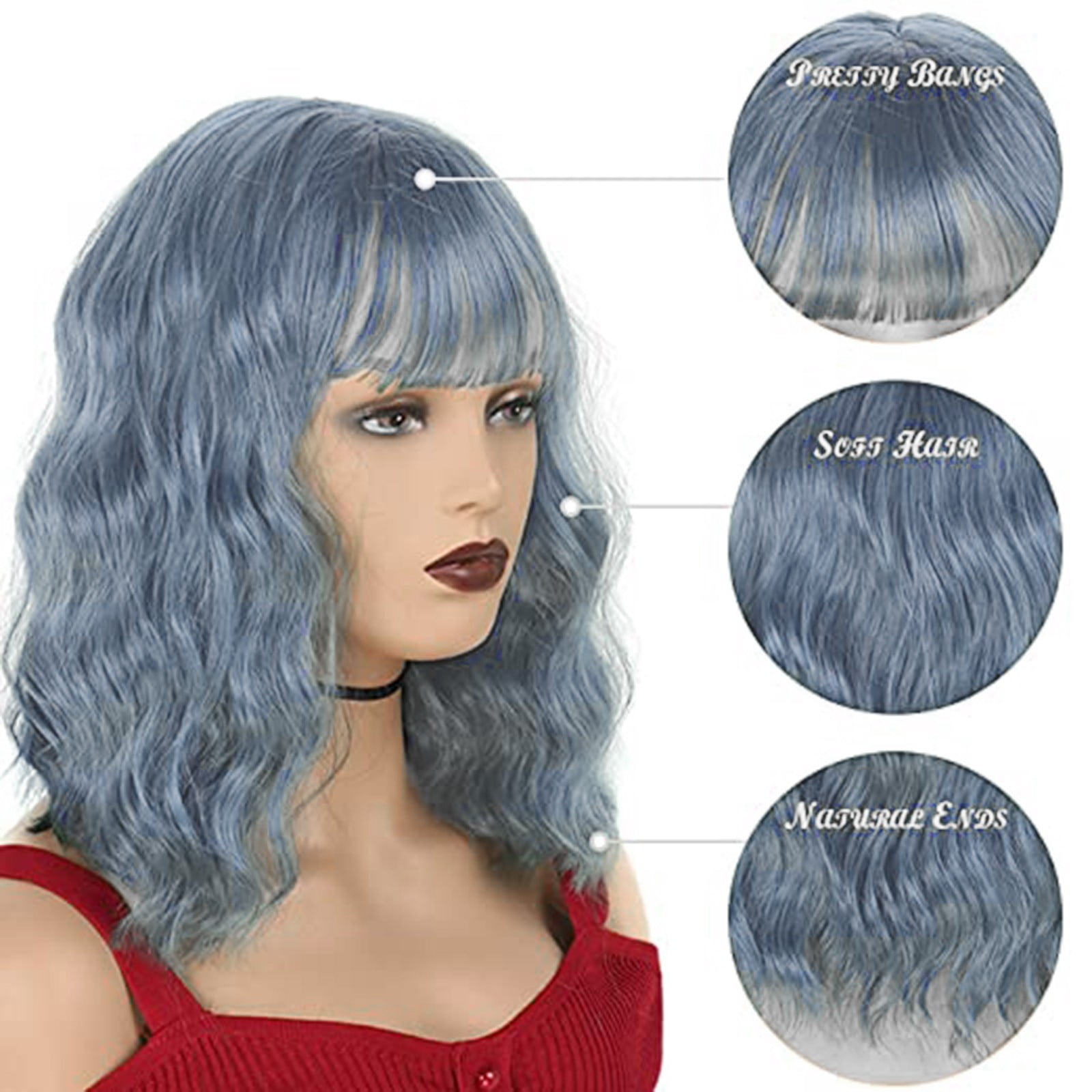 Lenkho Bangs Women's Short Bob Wig Curly Wavy Shoulder Length Synthetic ...