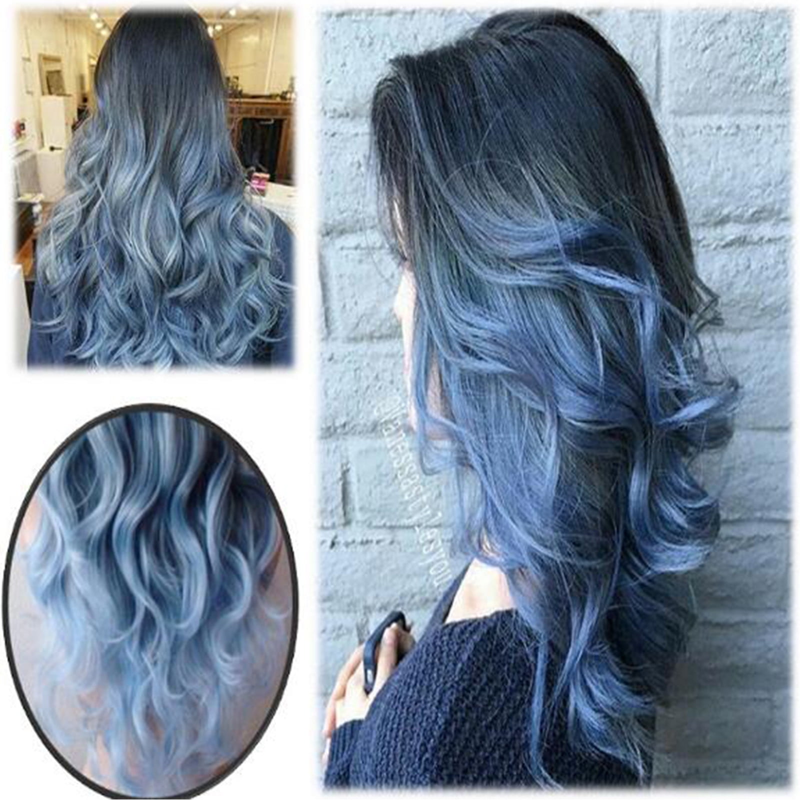 Lenkho Sales Women's Curly Long Hair Black Bule Gradient Inner Buckle ...