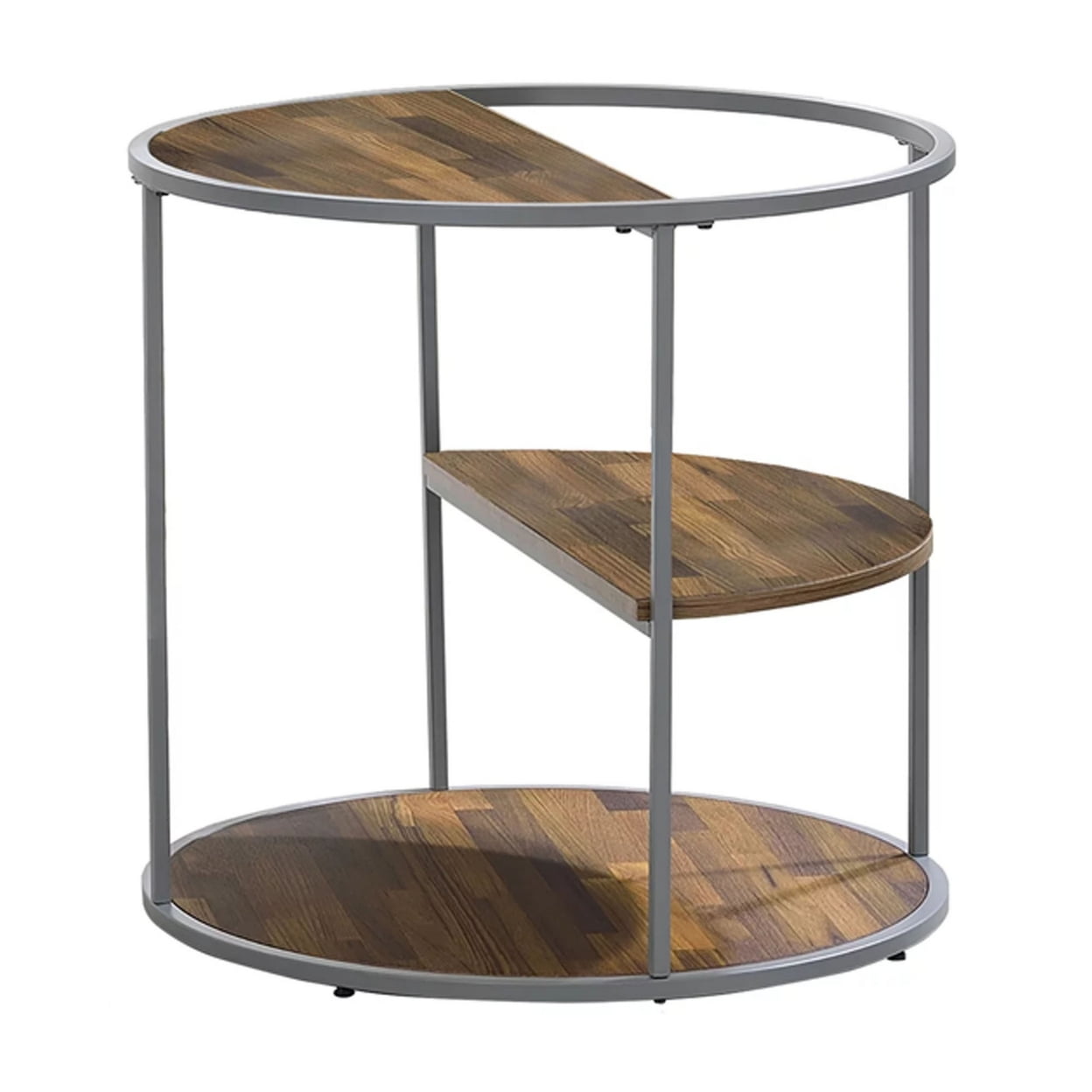 Lenn 24 Inch 3 Tier Round Brown Side End Table Half Shelf Gray Frame ...