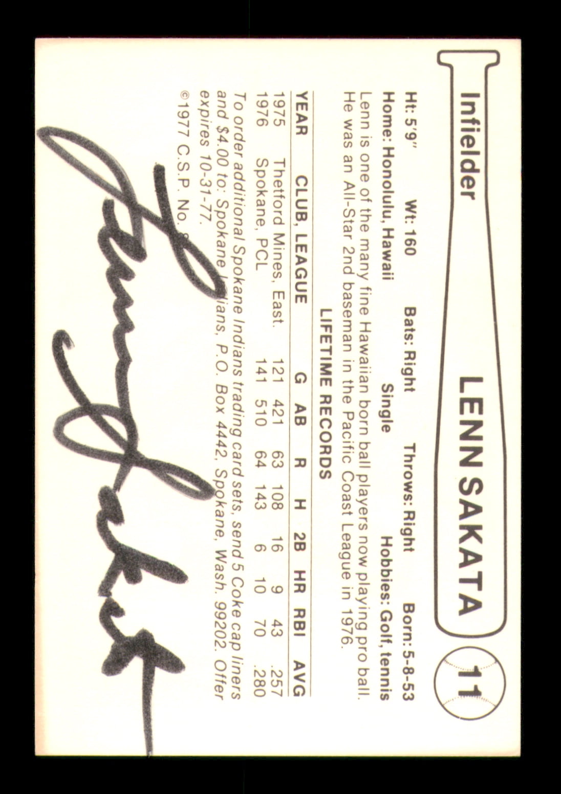 Lenn Sakata Autographed 1977 Cramer Rookie Card #83 Spokane Indians SKU ...