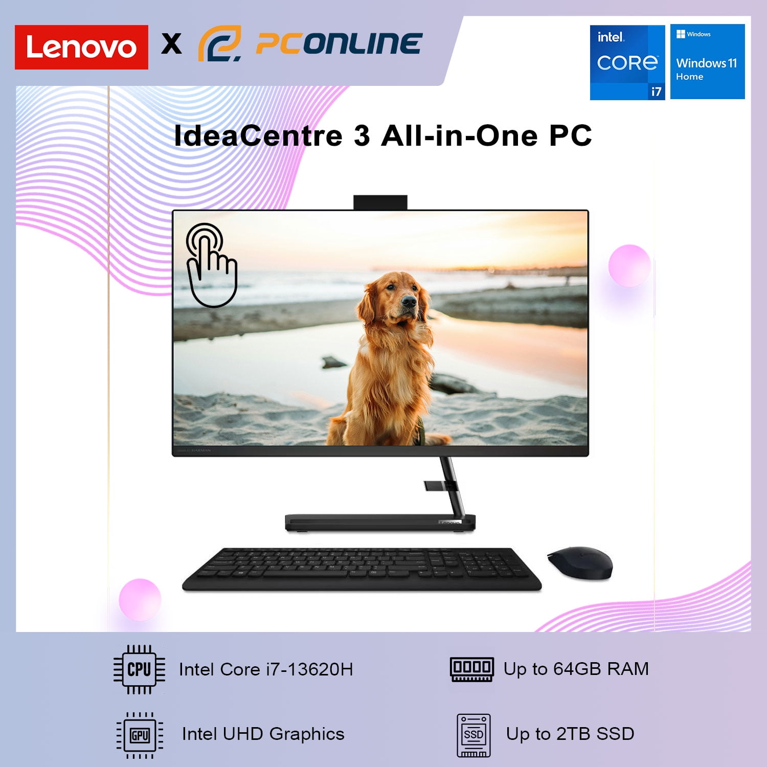 Lenovo IdeaCentre 3 All-in-One Desktop, 27" FHD Touchscreen, Intel Core ...