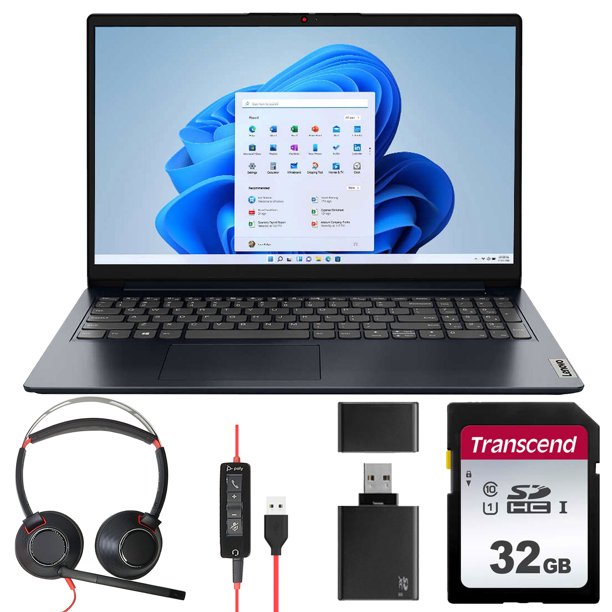 Lenovo IdeaPad 1 15.6" Laptop (Blue) + Poly Blackwire 5220 Stereo Wired ...