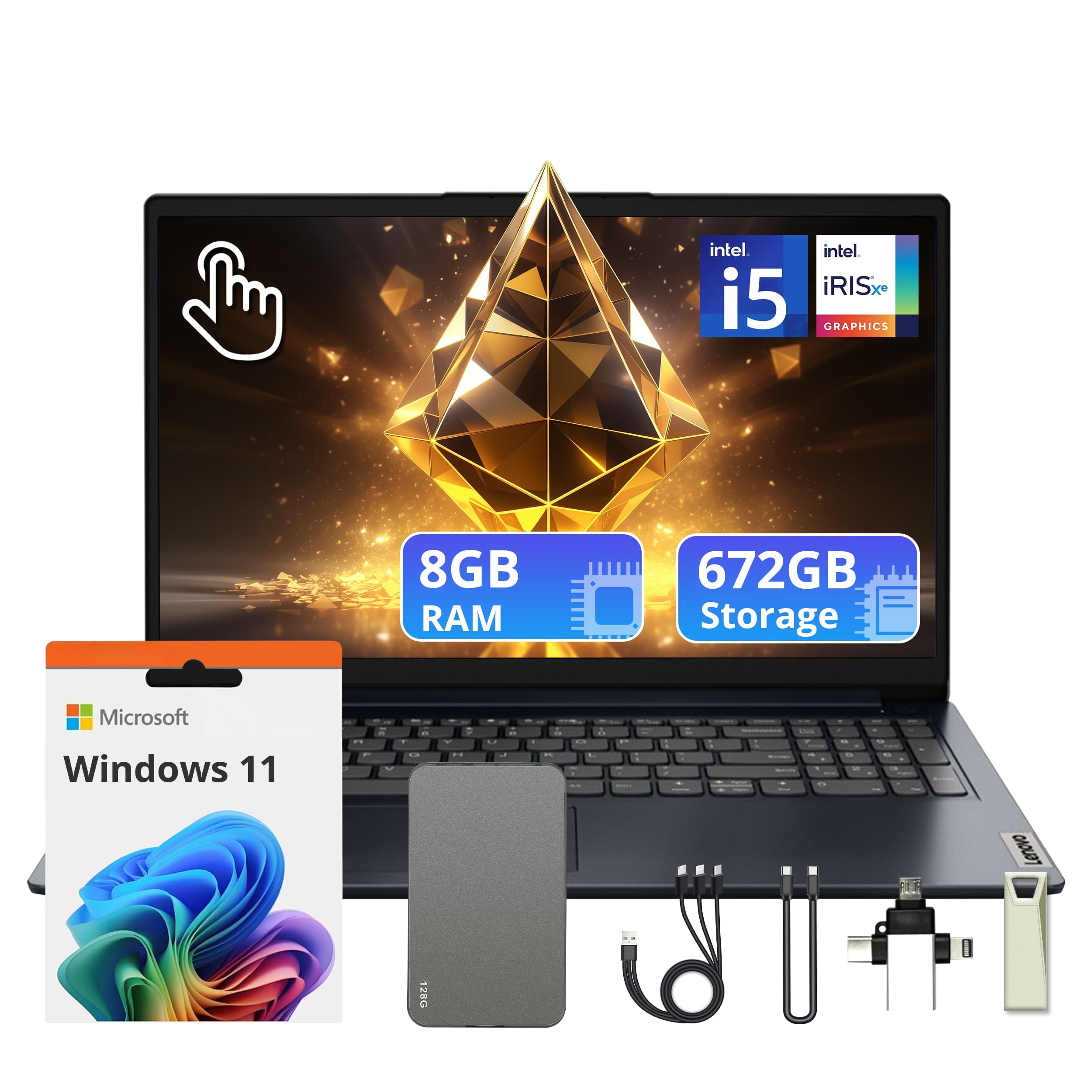 Lenovo IdeaPad 1i 15.6" FHD Touchscreen Laptop, 8GB RAM, 672GB Storage(512GB SSD & 160GB Docking ...