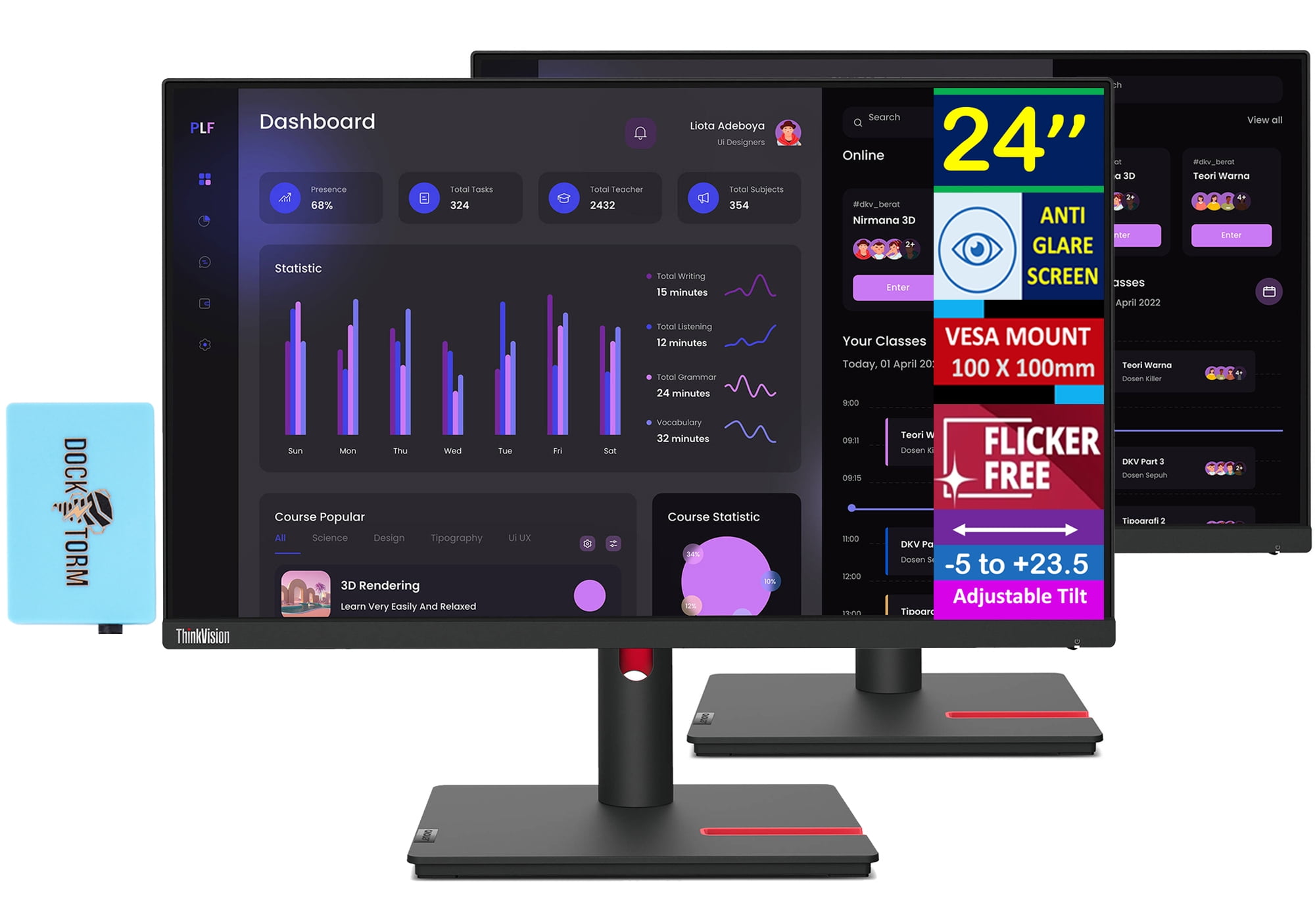 Lenovo ThinkVision 24" FHD IPS Monitor with 4ms Response Time, Anti ...