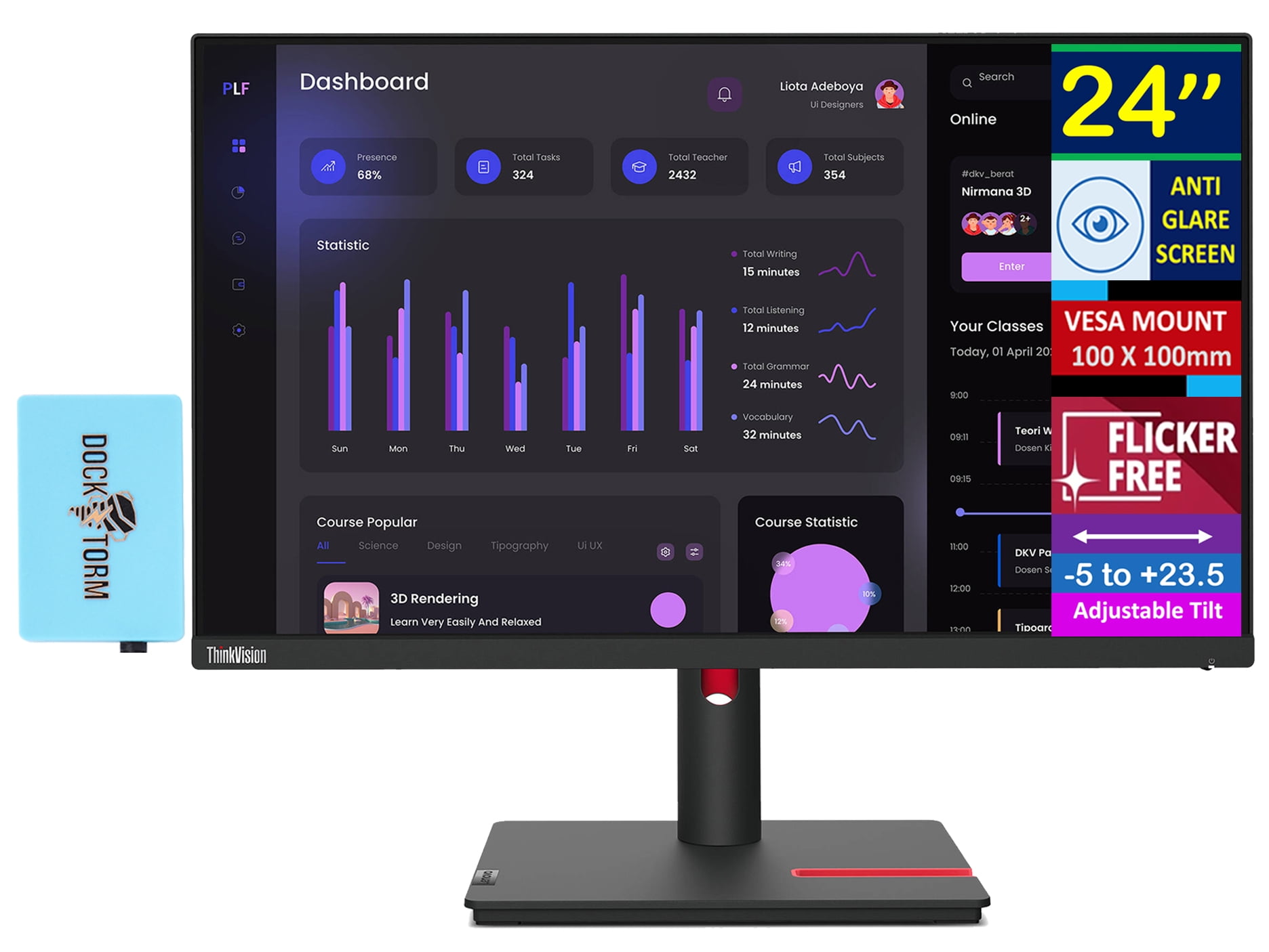 Lenovo ThinkVision 24" FHD IPS Monitor with 4ms Response Time, Anti ...