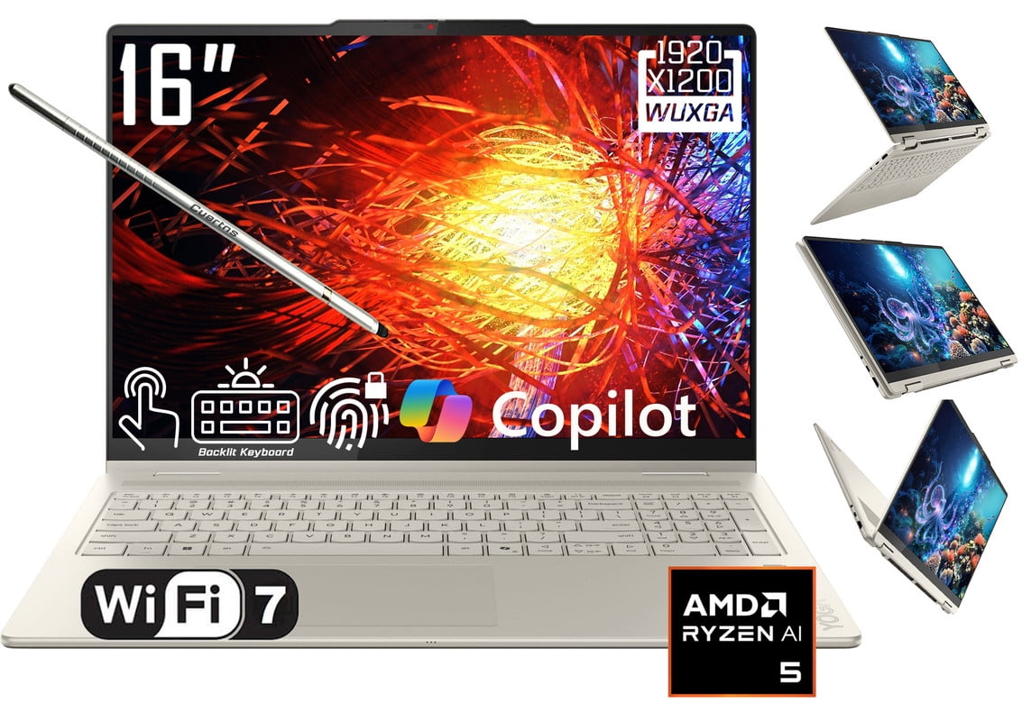 Lenovo Yoga 7 2-in-1 AI PC Copilot Laptop, 16" 2K 1920x1200 LCD Touchscreen, AMD Ryzen AI 5 340 ...