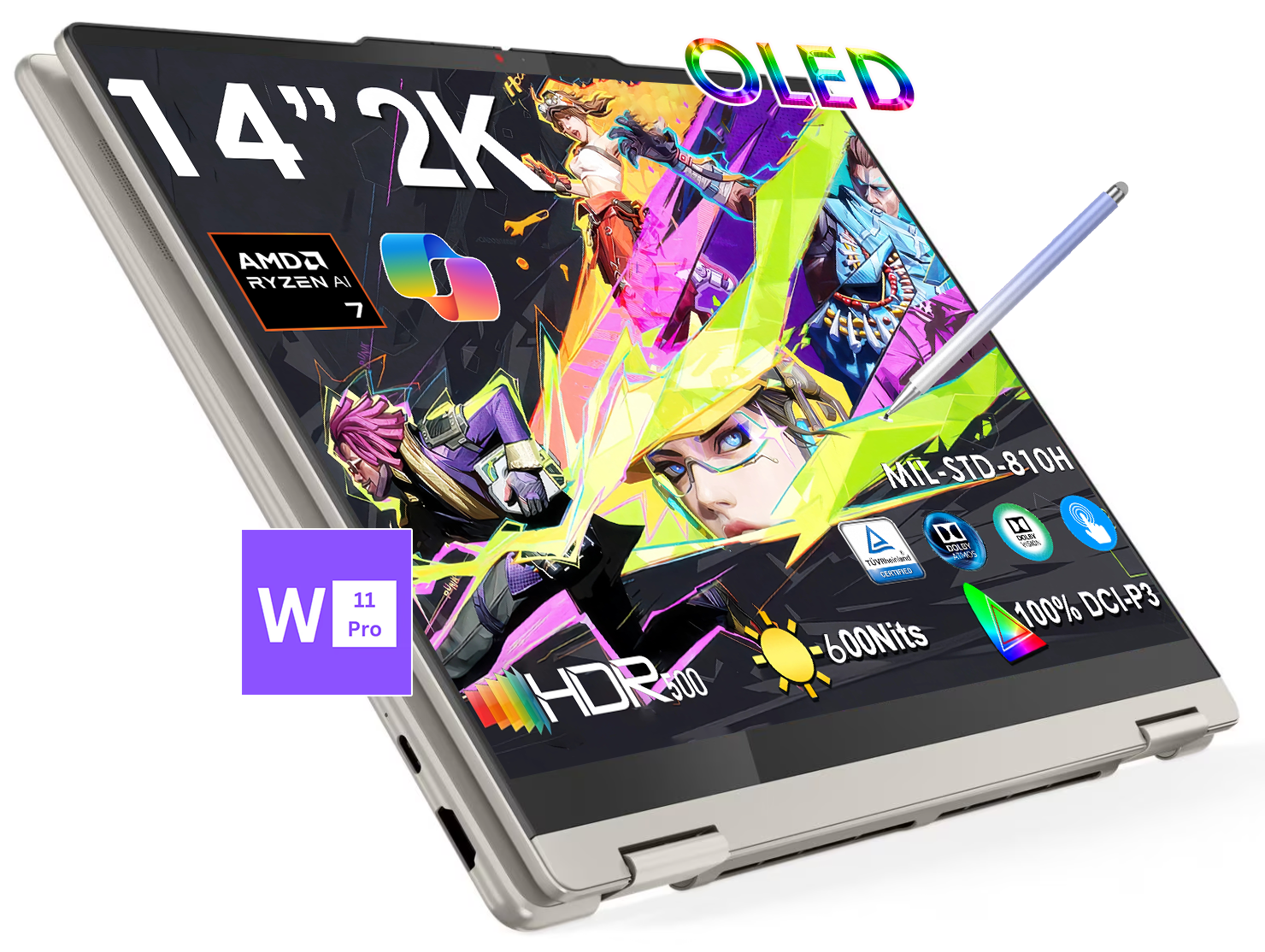 Lenovo Yoga 7 2-in-1 Copilot+ PC, 14" OLED Touch (1920x1200), AMD Ryzen AI 7 350 (50 TOPS NPU ...