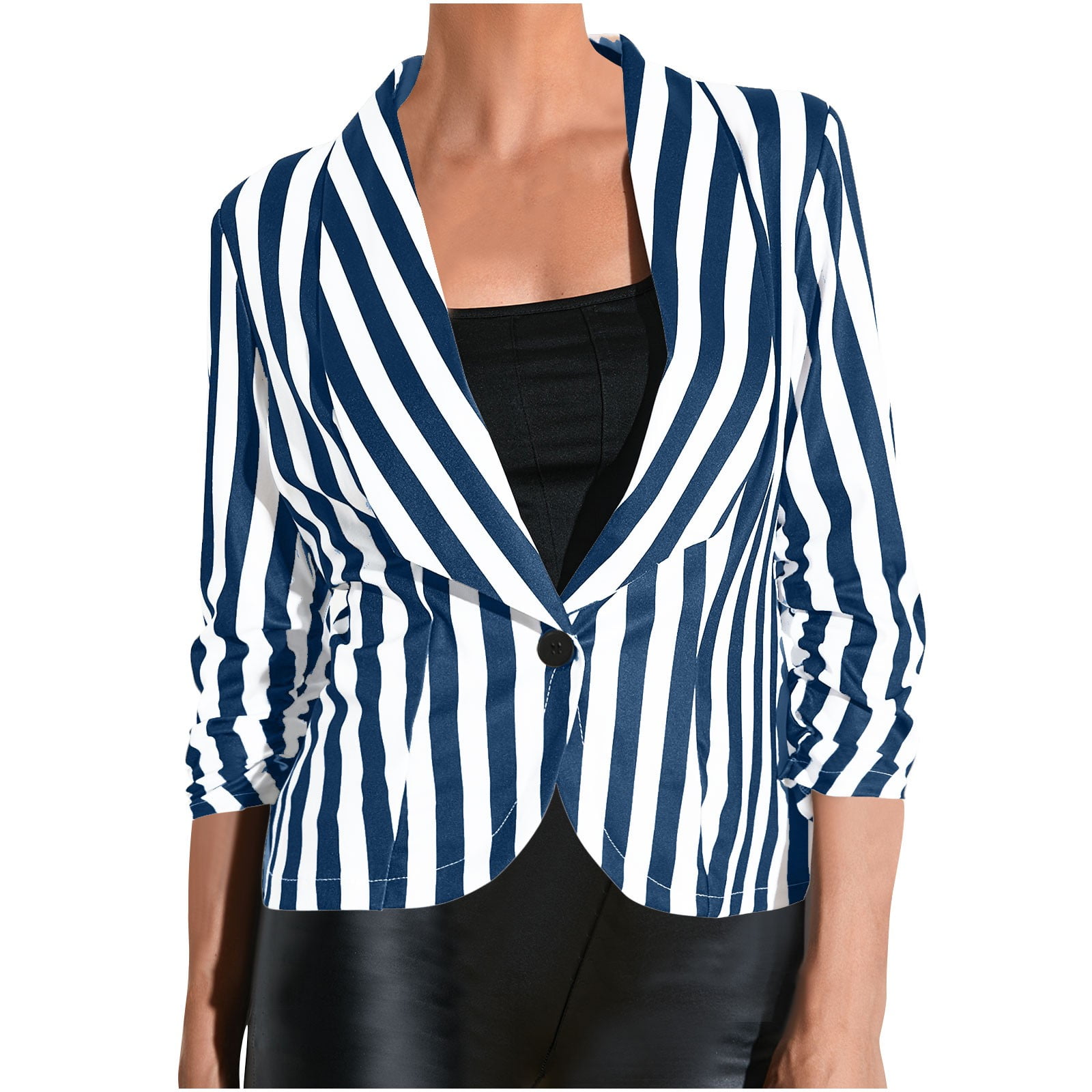 Lenpel Blazers for Women 3/4 Sleeve Open Front Lapel Button Striped ...