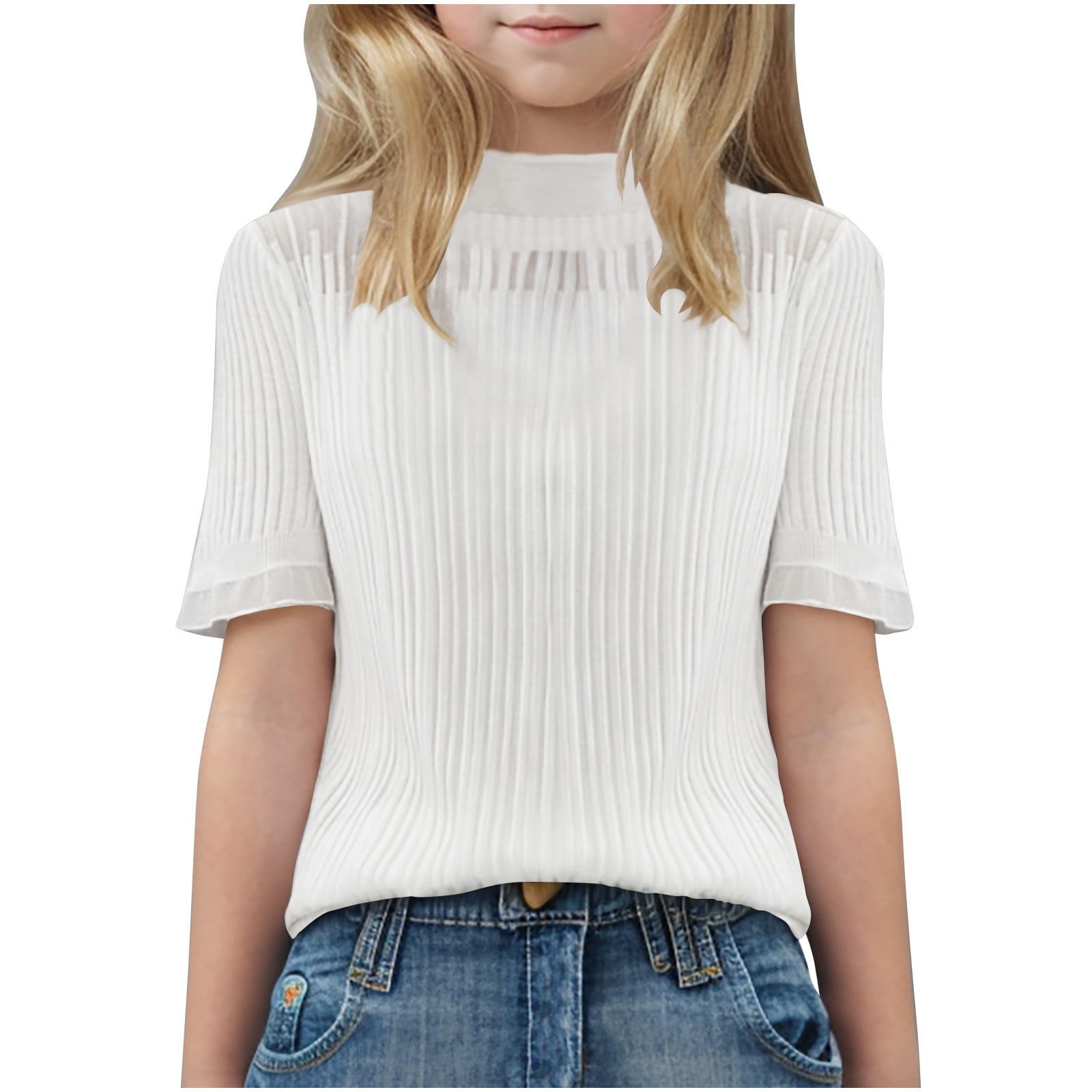 Lenpel Blouses for Girls Ruffle Short Sleeve Mesh Mock Neck Ribbed ...