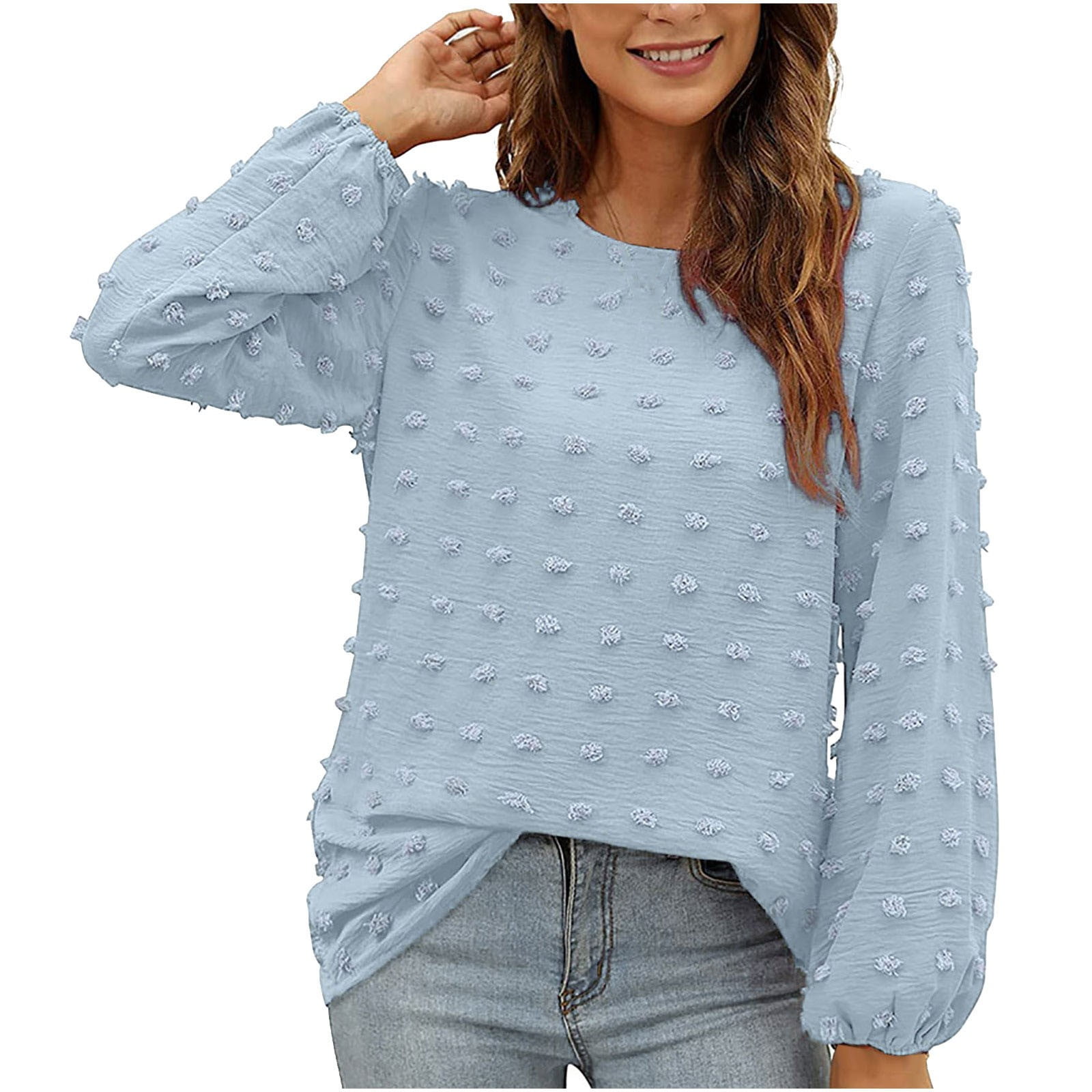 Lenpel Blouses for Women Fall Fashion Crew Neck Solid Color Long Sleeve ...