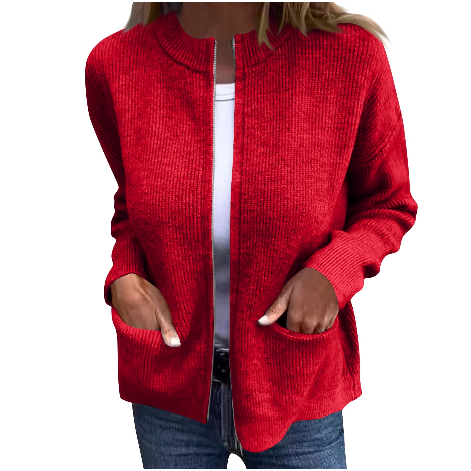 Lenpel Cardigan Sweaters for Women Zip up Crew Neck Long Sleeve Ribbed ...
