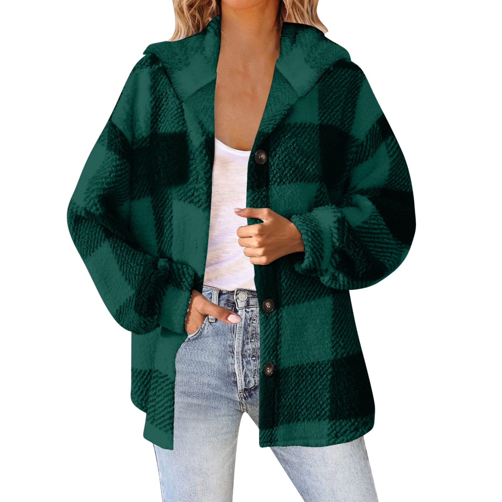 Lenpel Fleece Jackets for Women Plaid Long Sleeve Button down Fuzzy ...