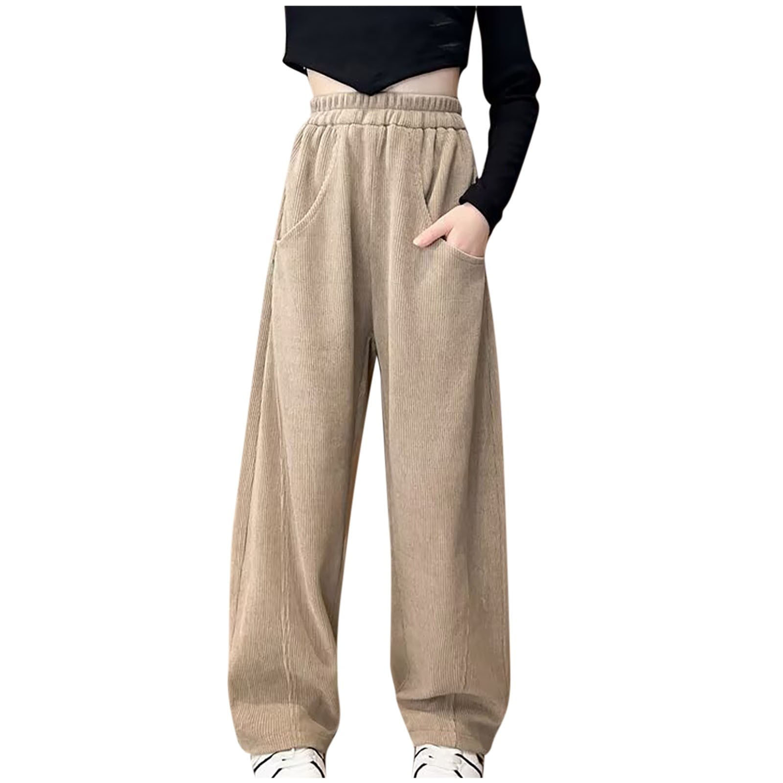 Lenpel Girls' Corduroy Pants Elastic High Waist Wide Leg Casual ...