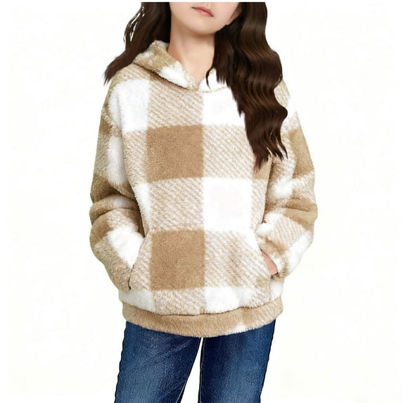 Lenpel Girls' Fuzzy Fleece Sweatshirts Casual Long Sleeve Plaid ...