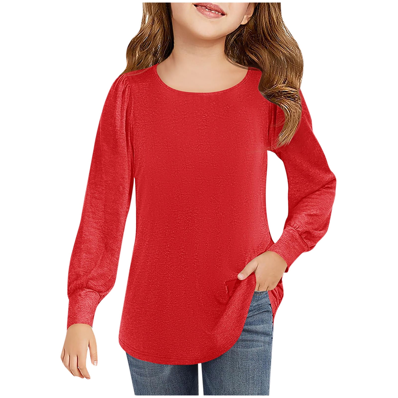 Lenpel Girls' Tunic Tops Casual Crew Neck Puff Long Sleeve Shirts Soft ...