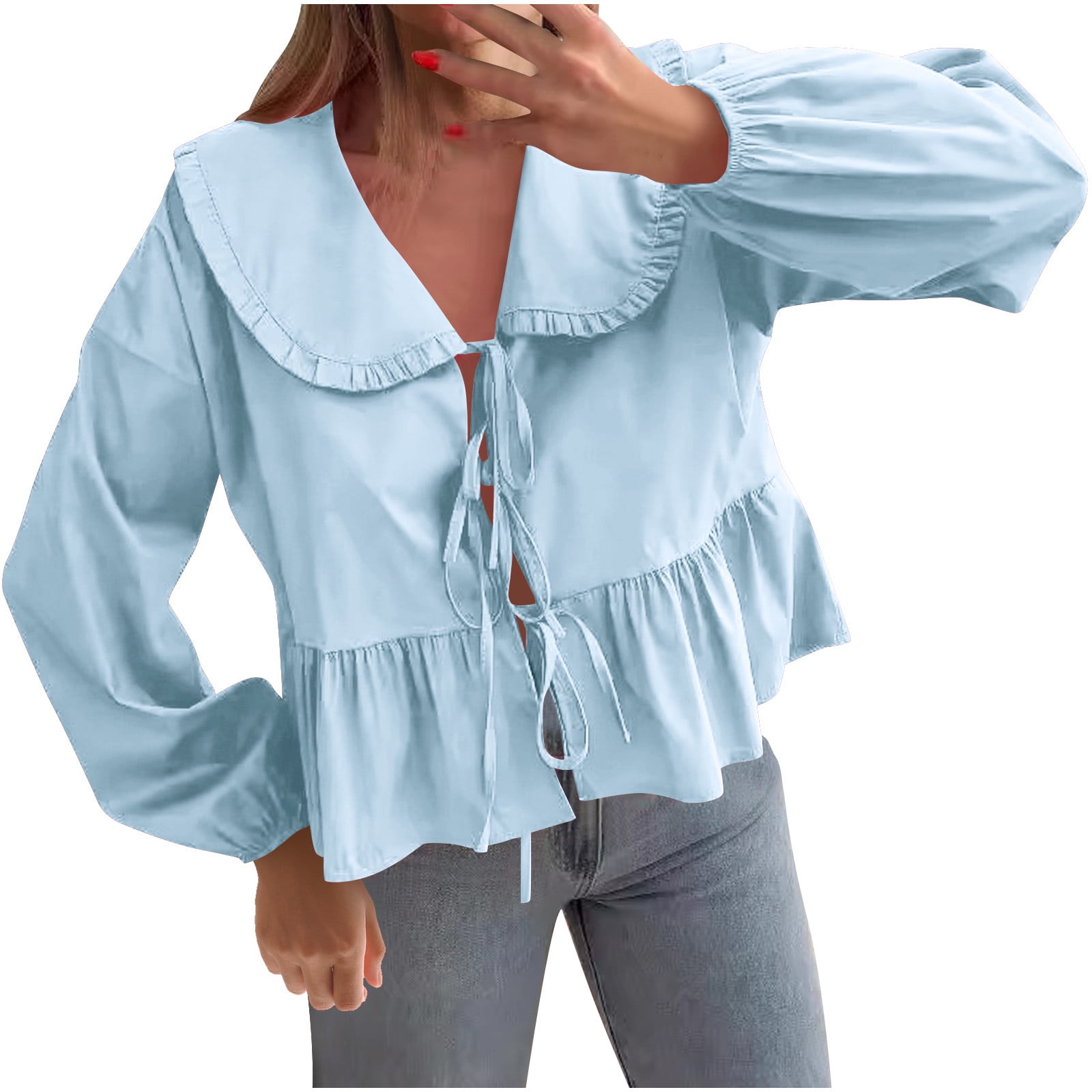 Lenpel Going out Tops for Women Trendy 2025 Fall Long Sleeve Tie Front ...