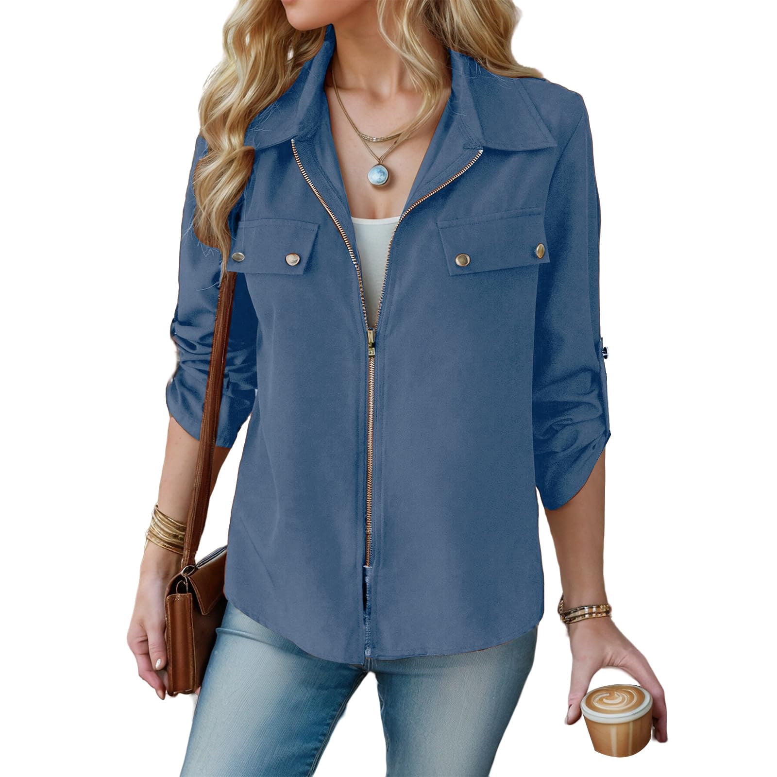 Lenpel Jackets for Women Roll Tab Sleeve Full Zip up Fall Trendy Casual ...