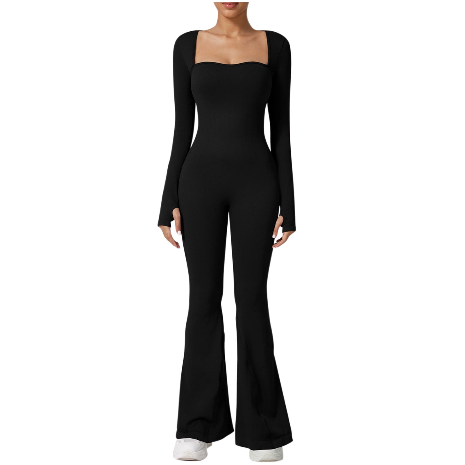 Lenpel Jumpsuit for Women Long Sleeve Square Neck Slim Flare Leg ...