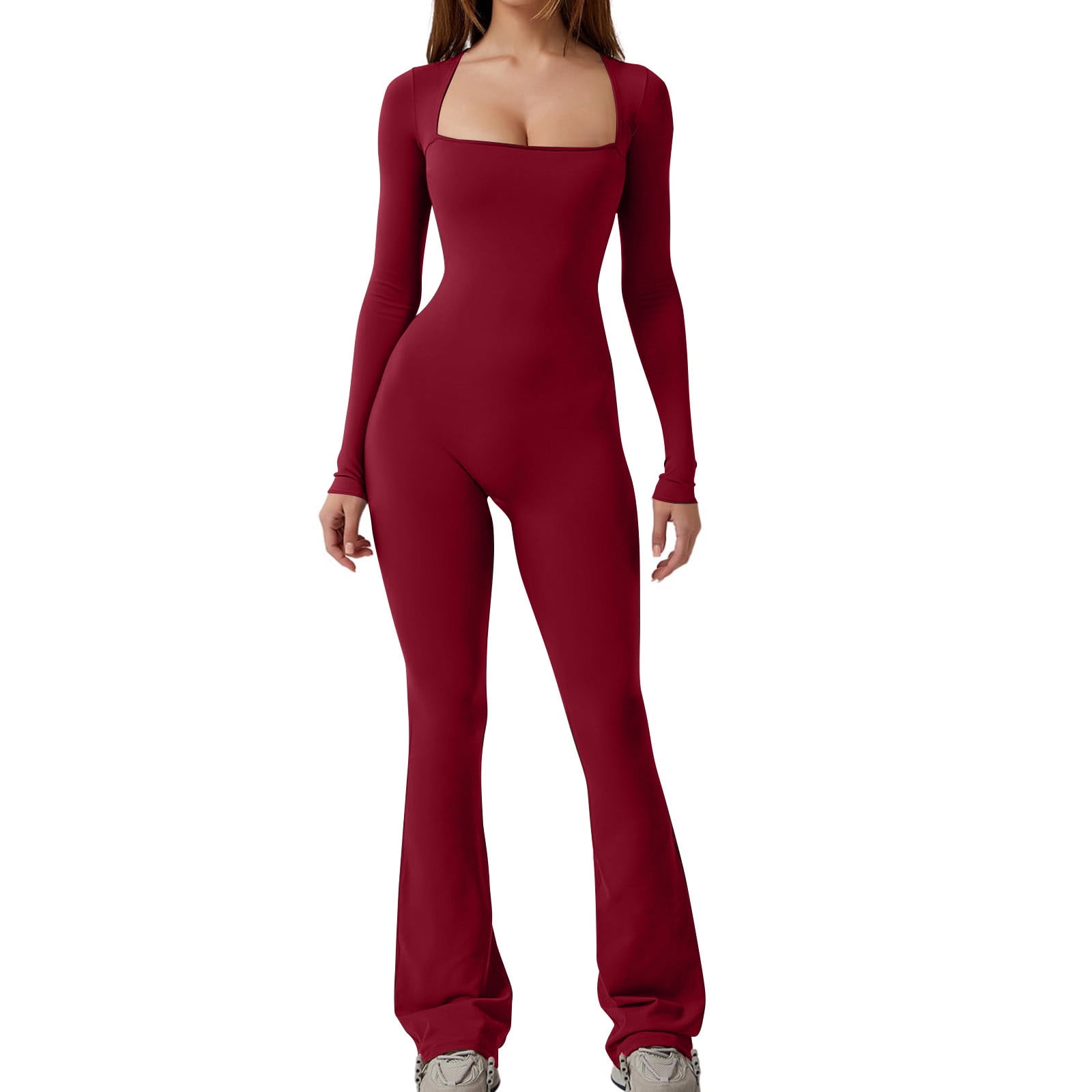 Lenpel Jumpsuits for Women Long Sleeve Square Neck Bell Bottoms Yoga ...