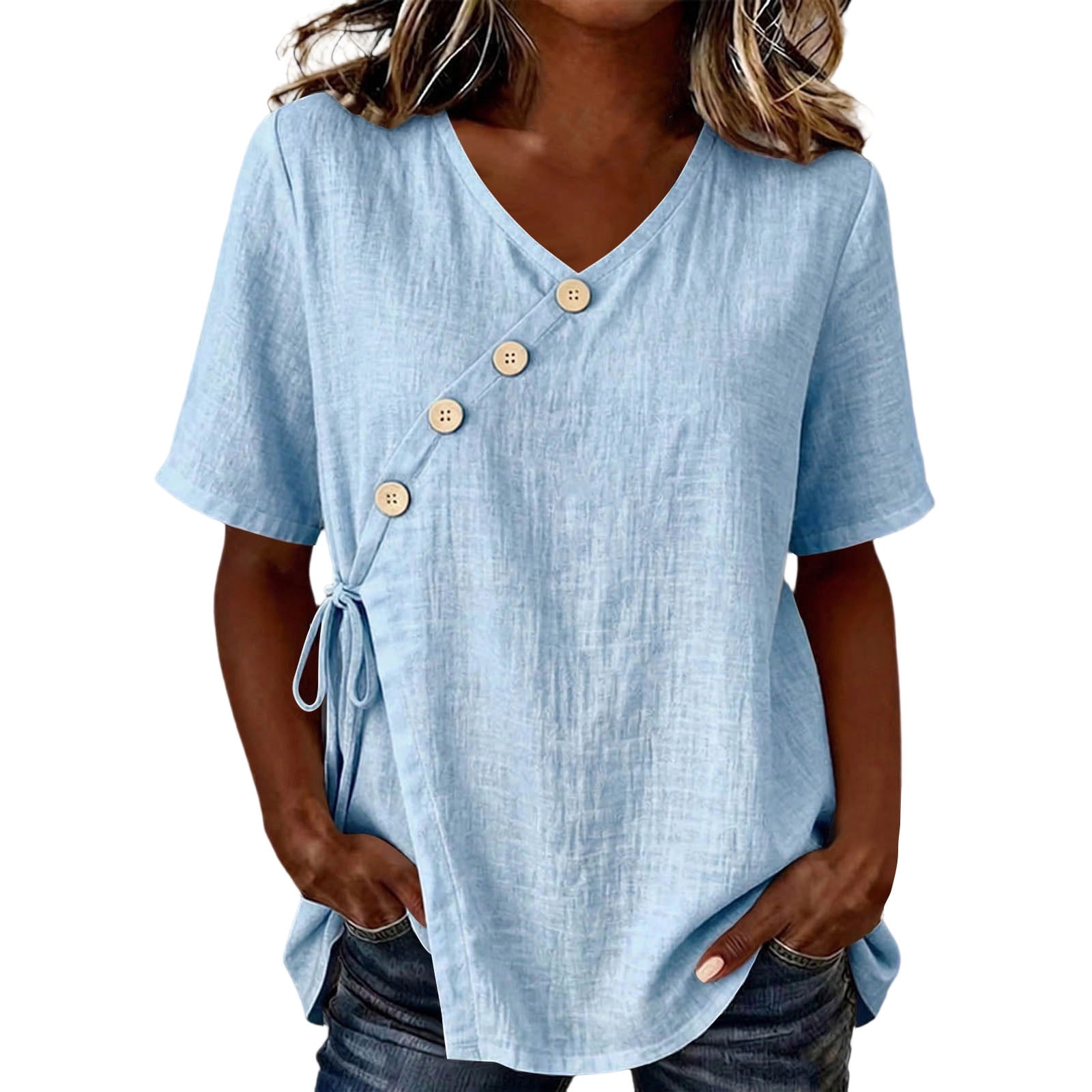 Lenpel Linen Tops for Women Cotton Short Sleeve V Neck Tie Side Split ...