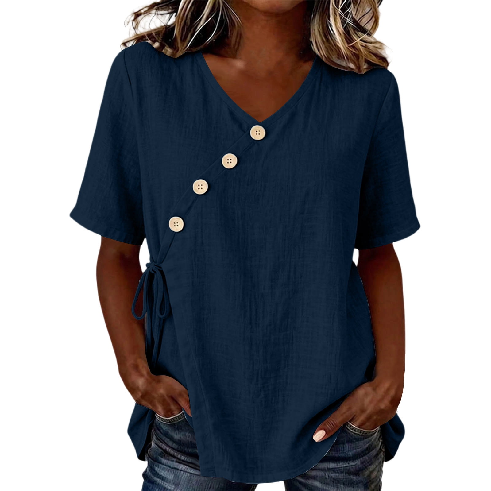 Lenpel Linen Tops for Women Cotton Short Sleeve V Neck Tie Side Split ...