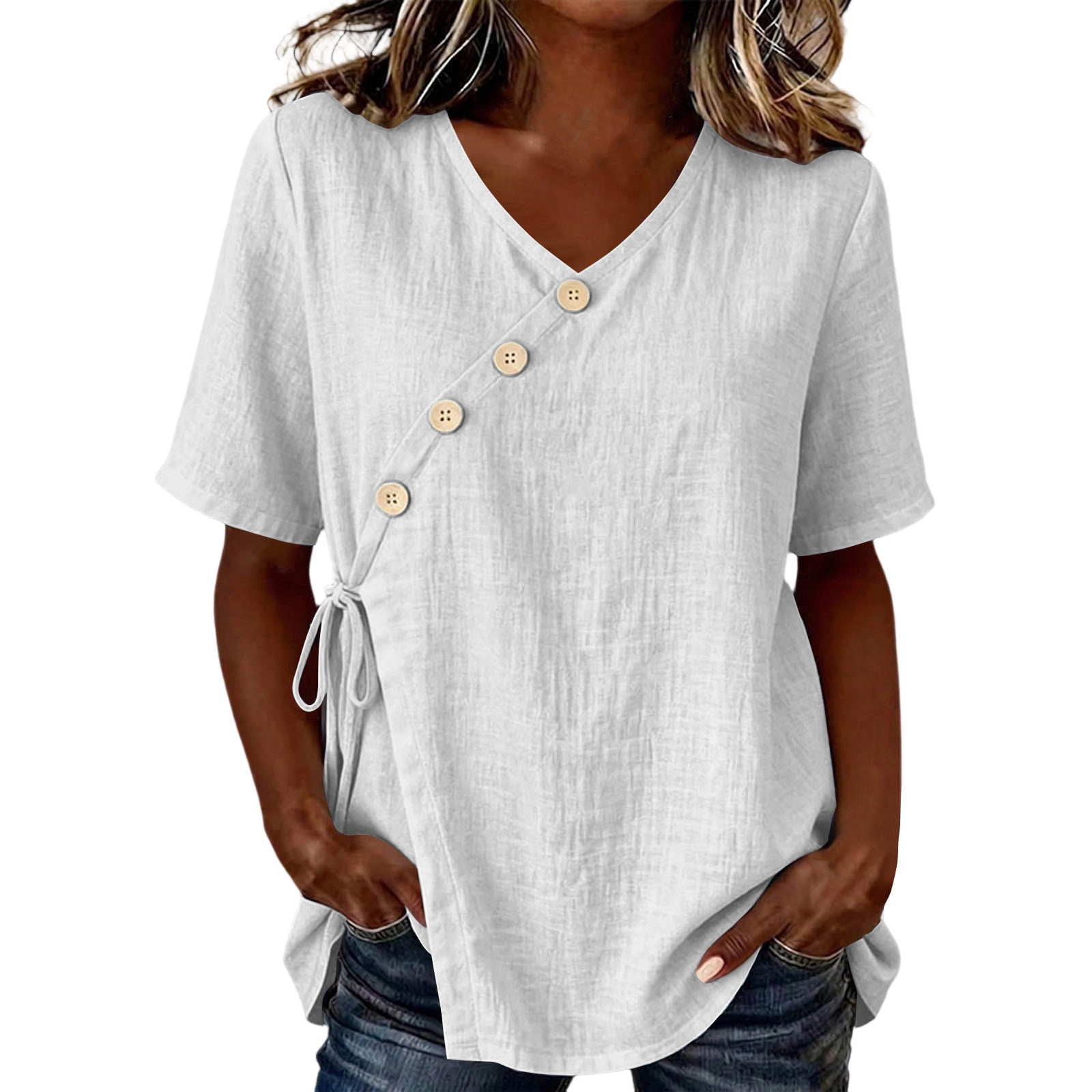 Lenpel Linen Tops for Women Cotton Short Sleeve V Neck Tie Side Split ...