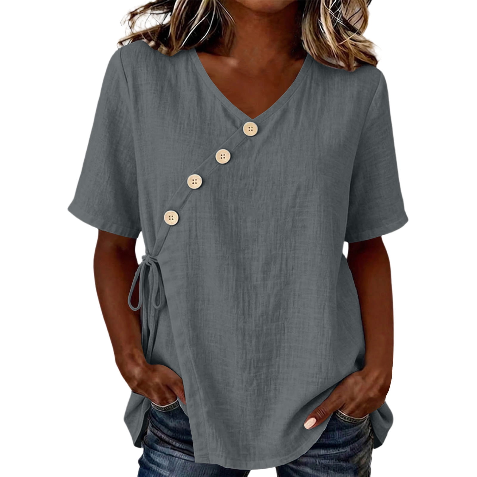 Lenpel Linen Tops for Women Cotton Short Sleeve V Neck Tie Side Split ...