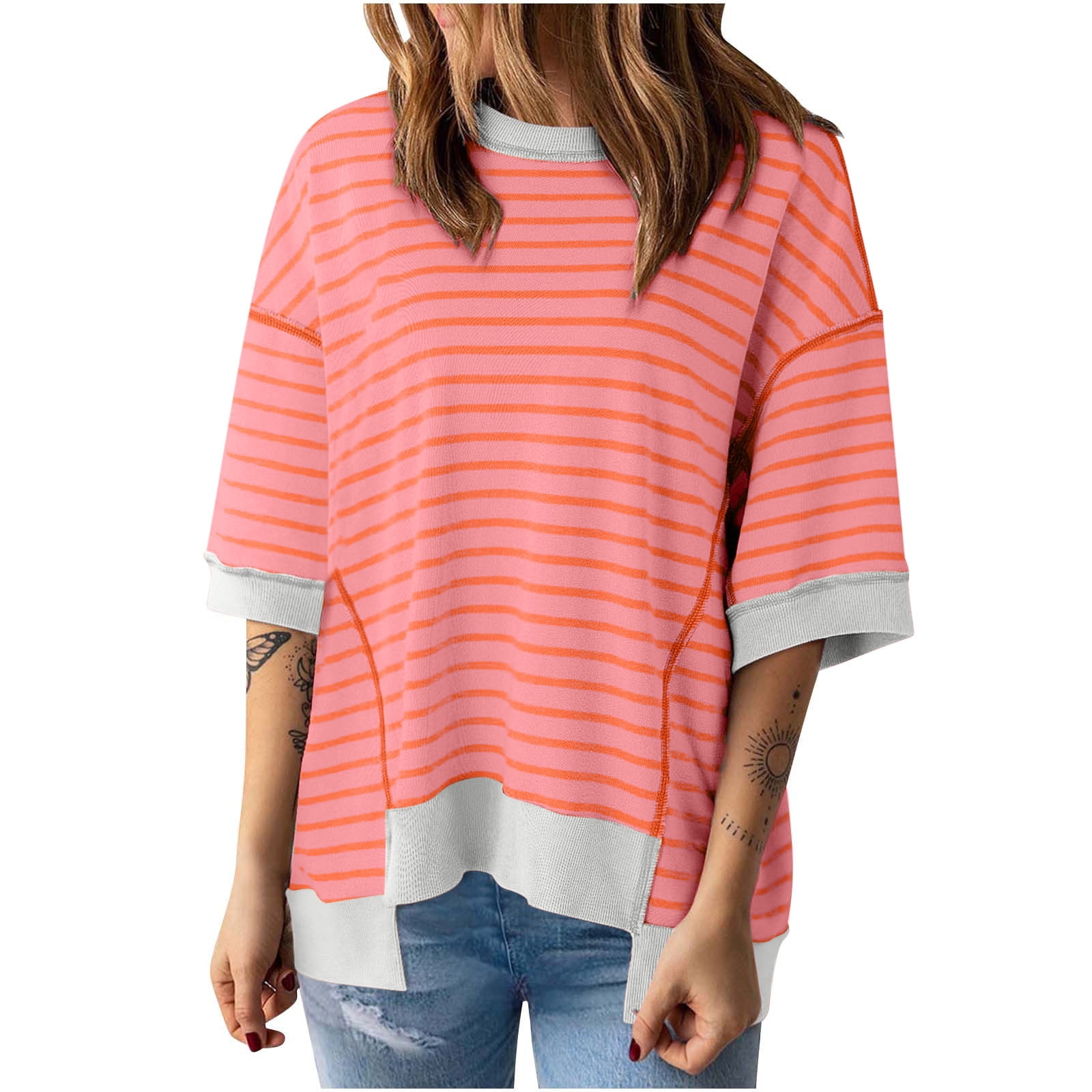 Lenpel Oversized T Shirts for Women Striped Half Sleeve Crew Neck Color ...
