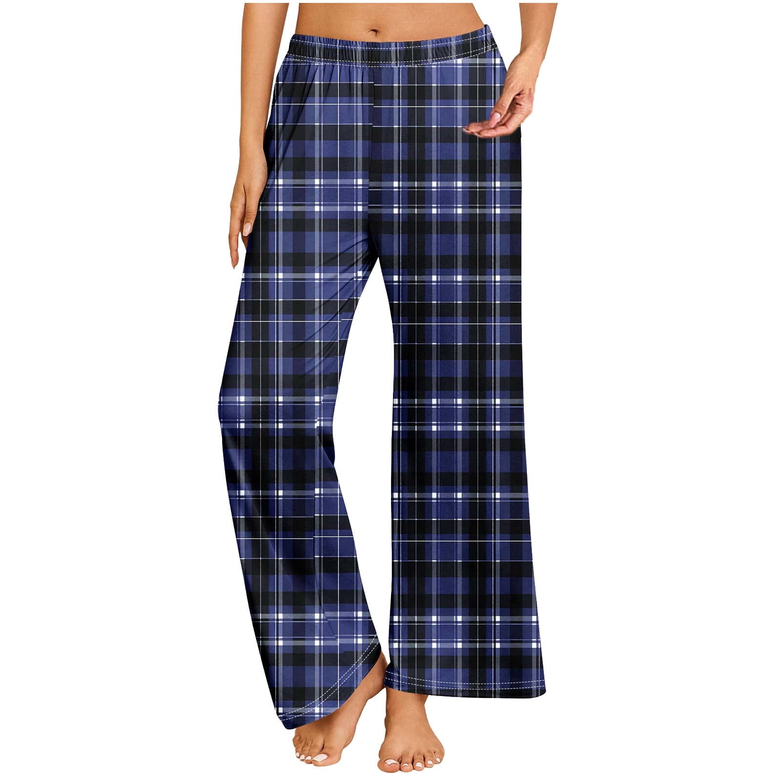 Lenpel Pajama Pants for Women Plaid Plus Size Elastic High Waist Wide ...