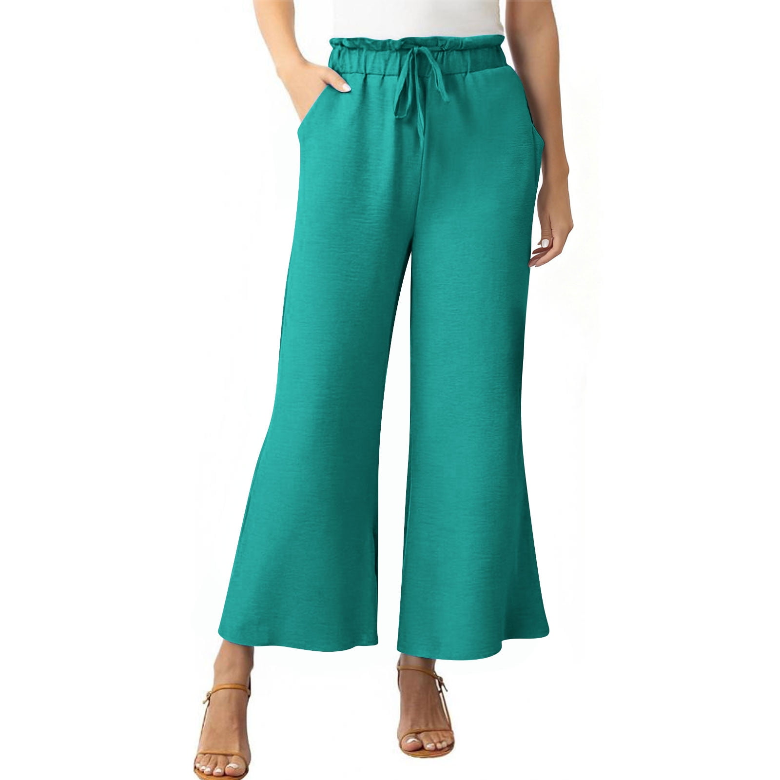 Lenpel Palazzo Pants for Women Ruffle Elastic High Waisted Drawstring ...