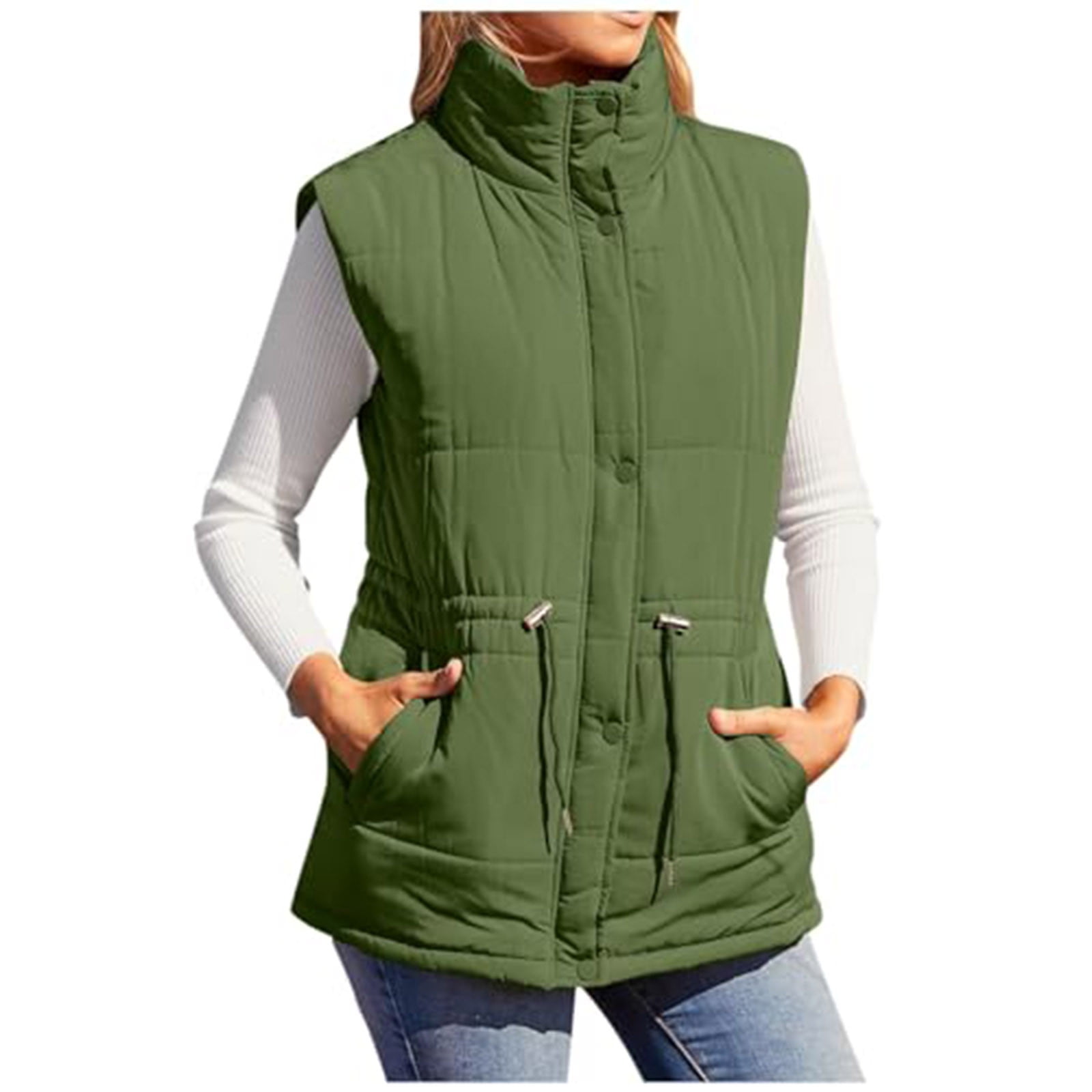 Lenpel Puffer Vest for Women Stand Collar Zip up Button Sleeveless Padded Jacket Winter Wram ...