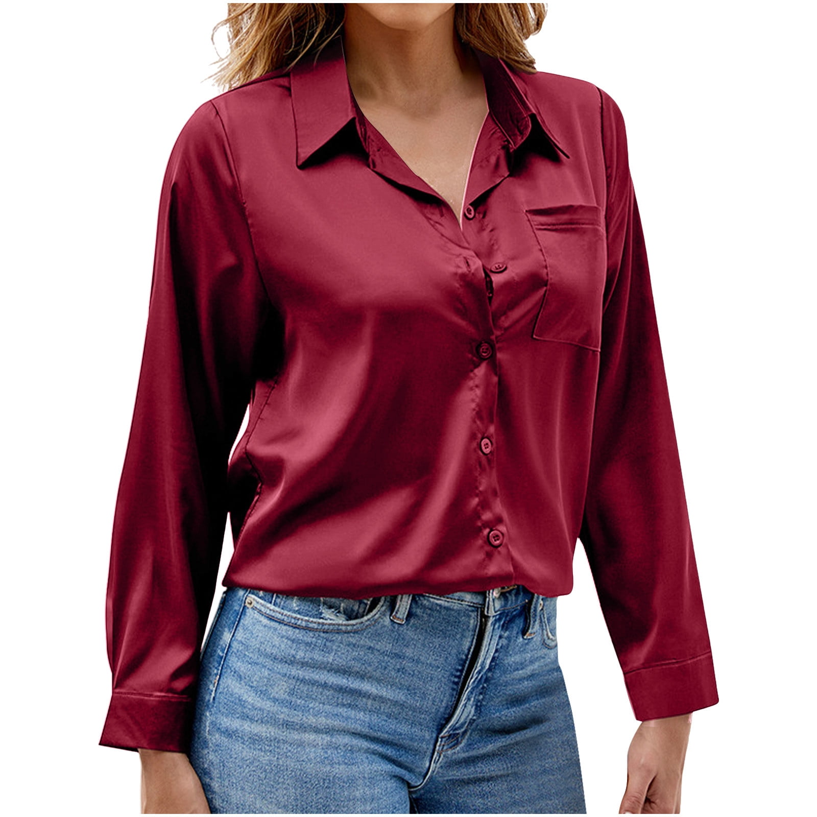 Lenpel Satin Shirts for Women Long Sleeve V Neck Button down Office ...