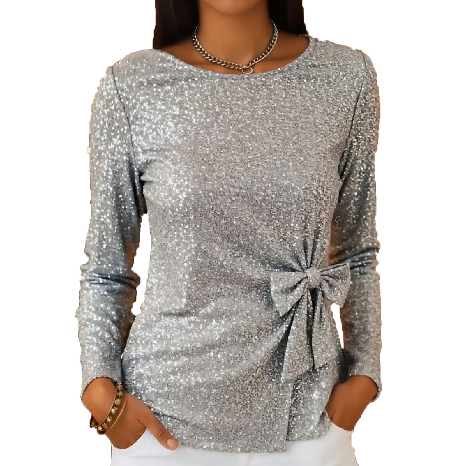 Lenpel Sequin Tops for Women Sparkly Long Sleeve Crew Neck Bow Tie Side ...