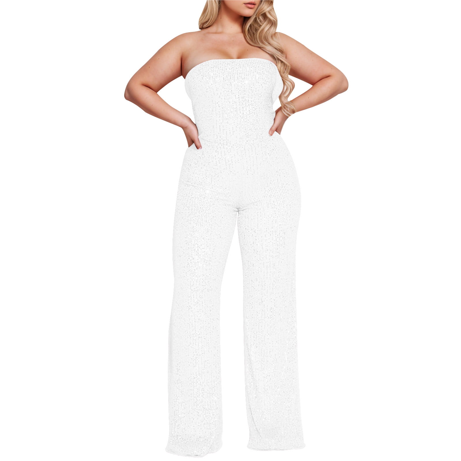 Lenpel Strapless Tube Top Jumpsuits for Women Sleeveless Wide Leg Pant ...