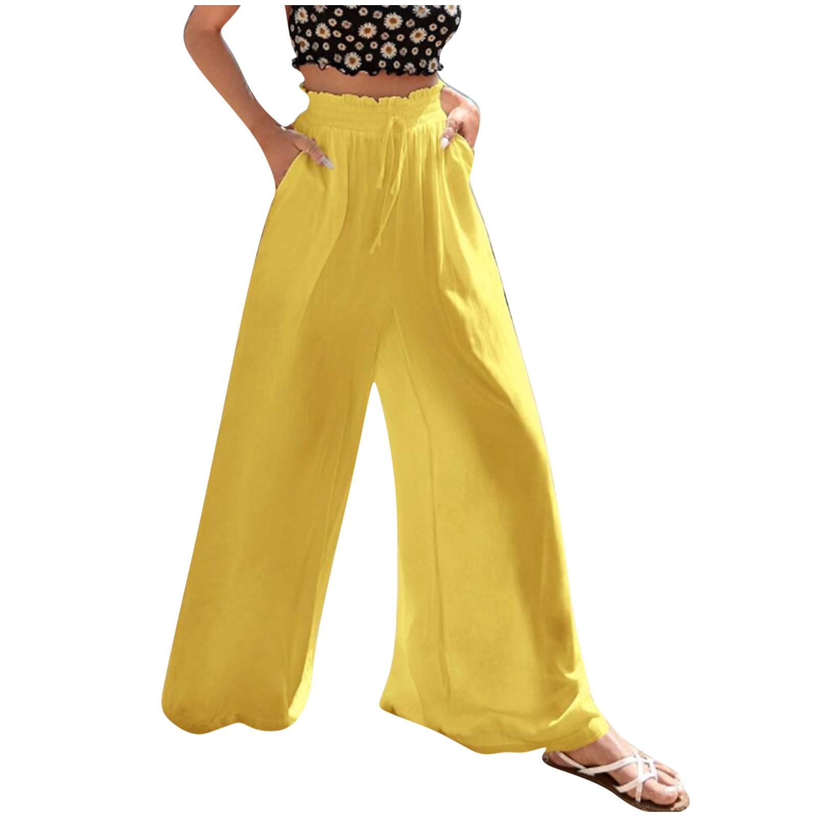 Lenpel Summer Beach Pants for Women Casual Loose Elastic Waist Wide Leg ...