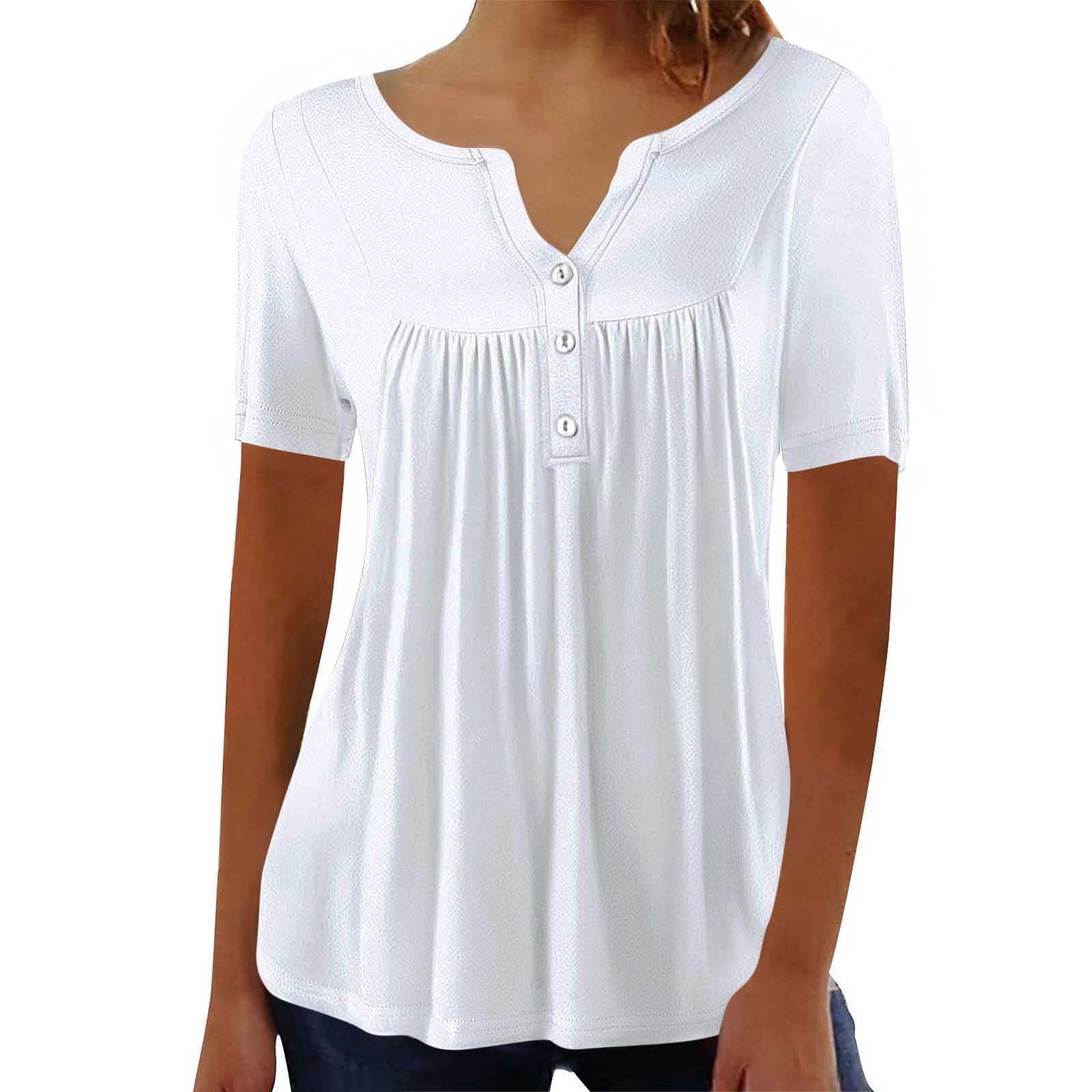 Lenpel Summer Tops for Women Trendy Short Sleeve V Neck Quarter Button ...