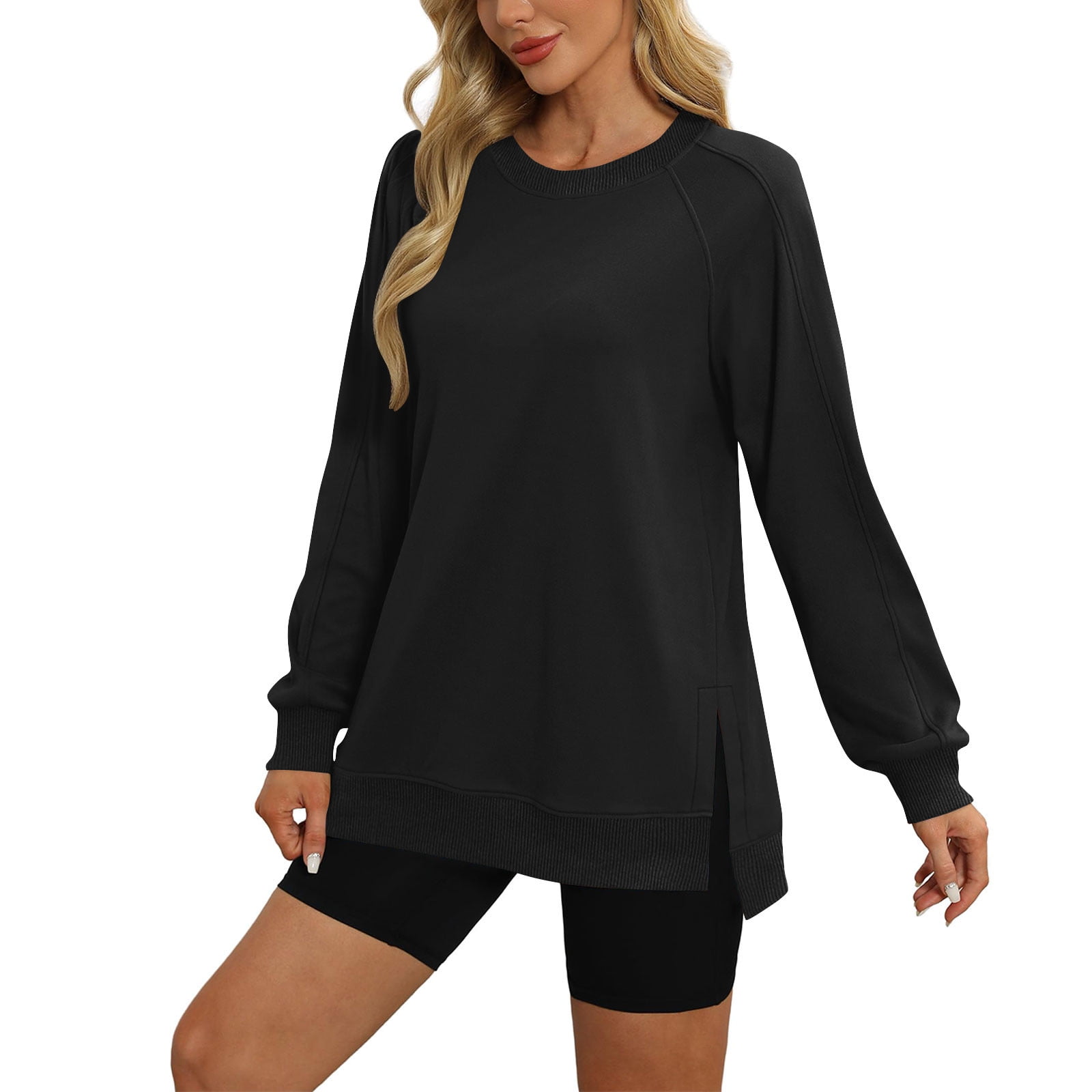 Lenpel Sweatshirts for Women 2025 Fall Long Sleeve Crew Neck Side Split Pullover Tops Casual ...