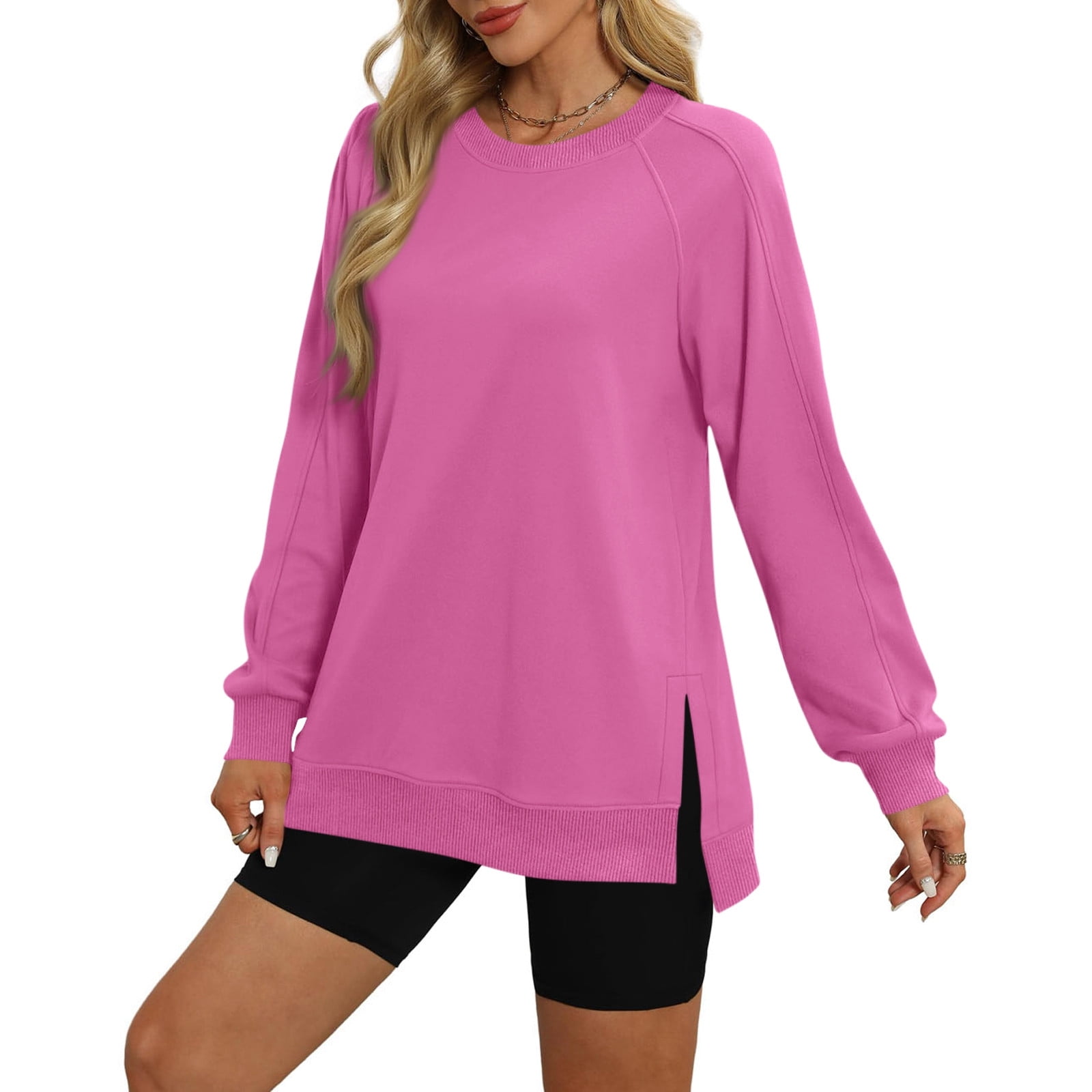 Lenpel Sweatshirts for Women Fall Long Sleeve Crew Neck Side Split ...