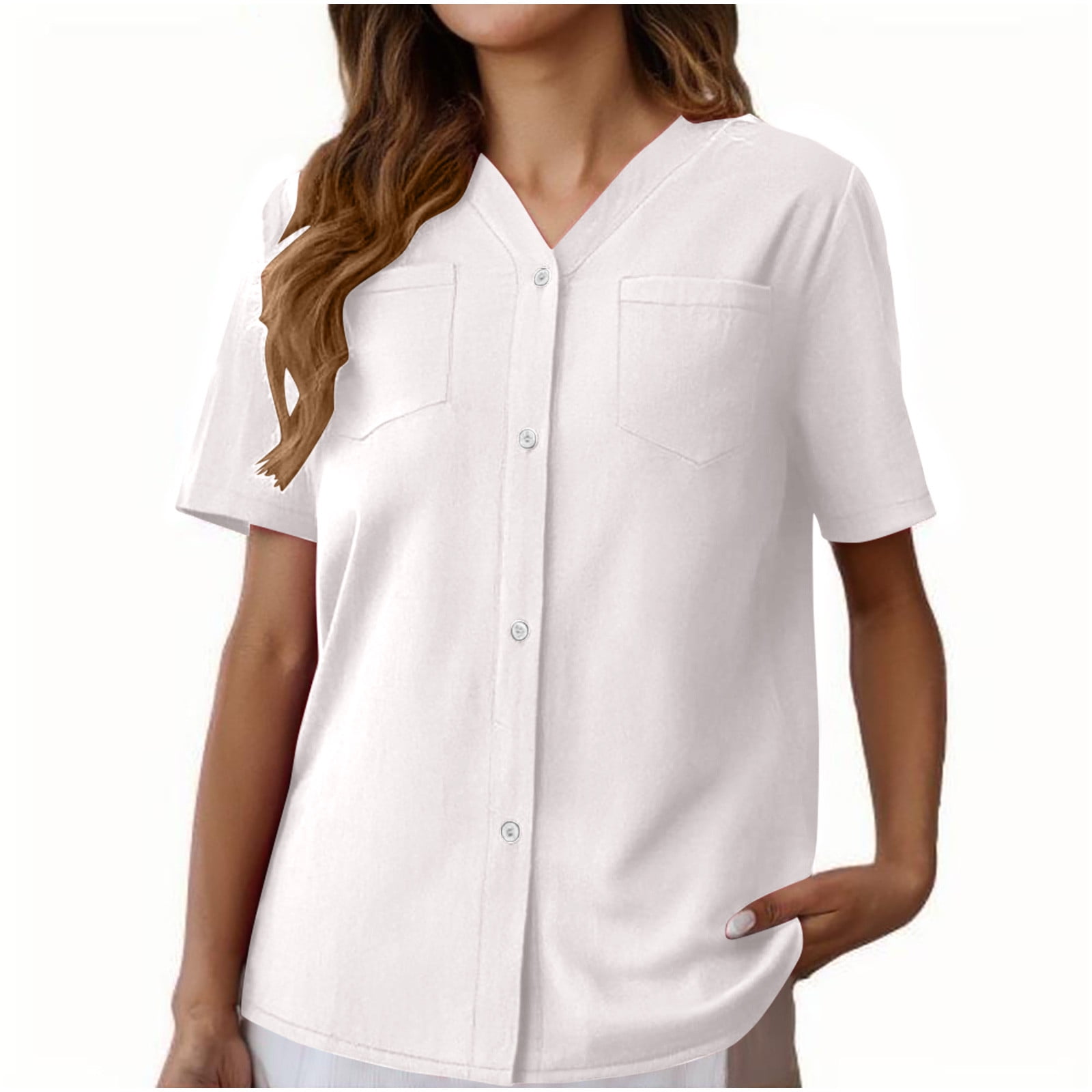 Lenpel Women's Button down Shirts Short Sleeve V Neck Business Casual ...