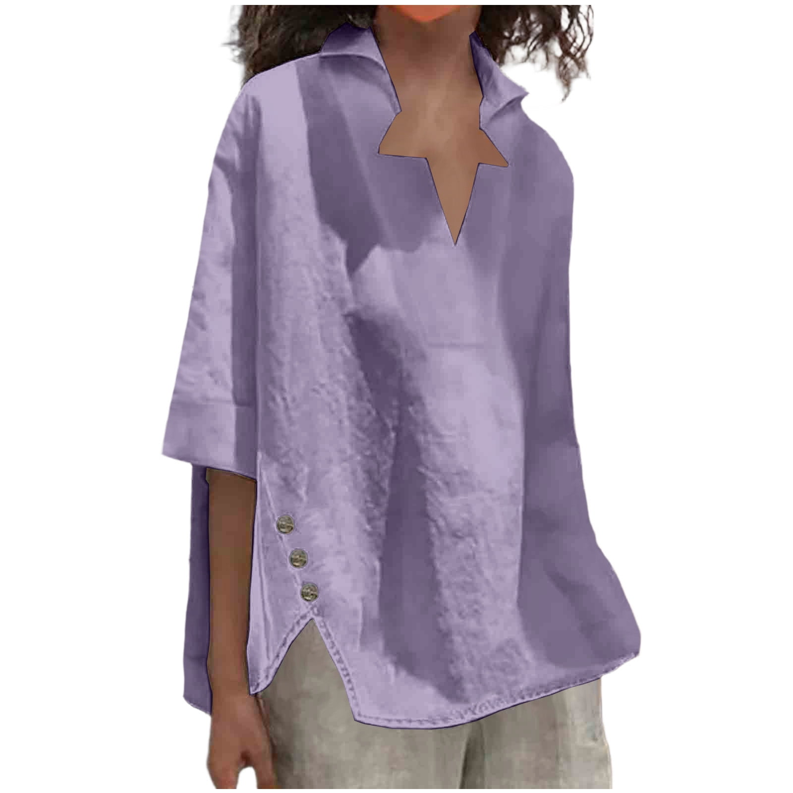 Lenpel Women's Cotton Linen Blouses Half Sleeve Collared V Neck Side ...