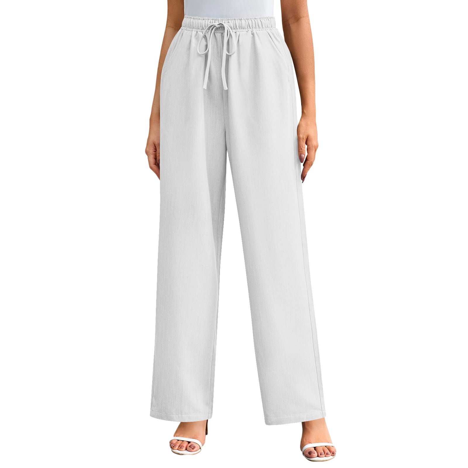 Lenpel Women's Cotton Linen Pants Elastic High Waistd Drawstring ...