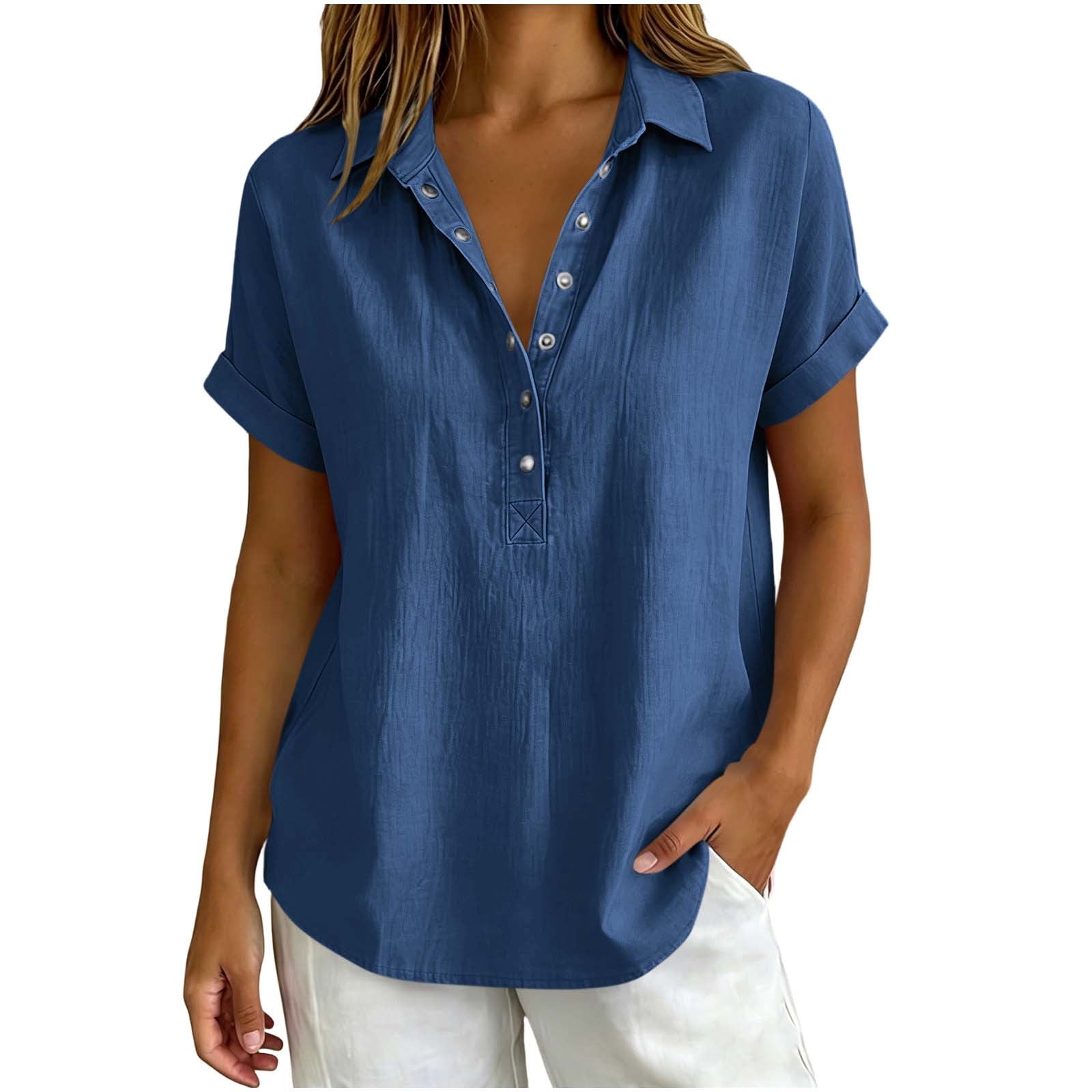 Lenpel Women's Cotton Linen Tops Rolled Short Sleeve Half Button ...