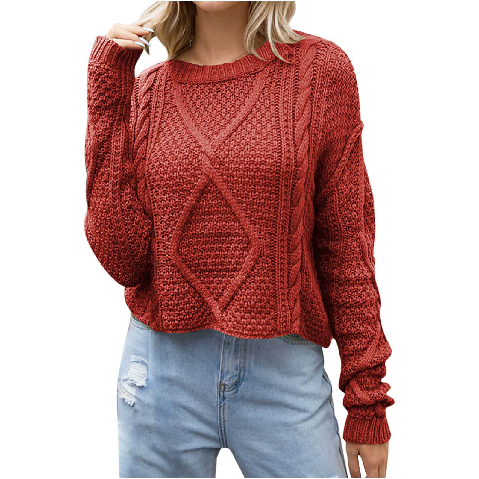 Lenpel Women's Cropped Sweaters Long Sleeve Crew Neck Cable Knit ...