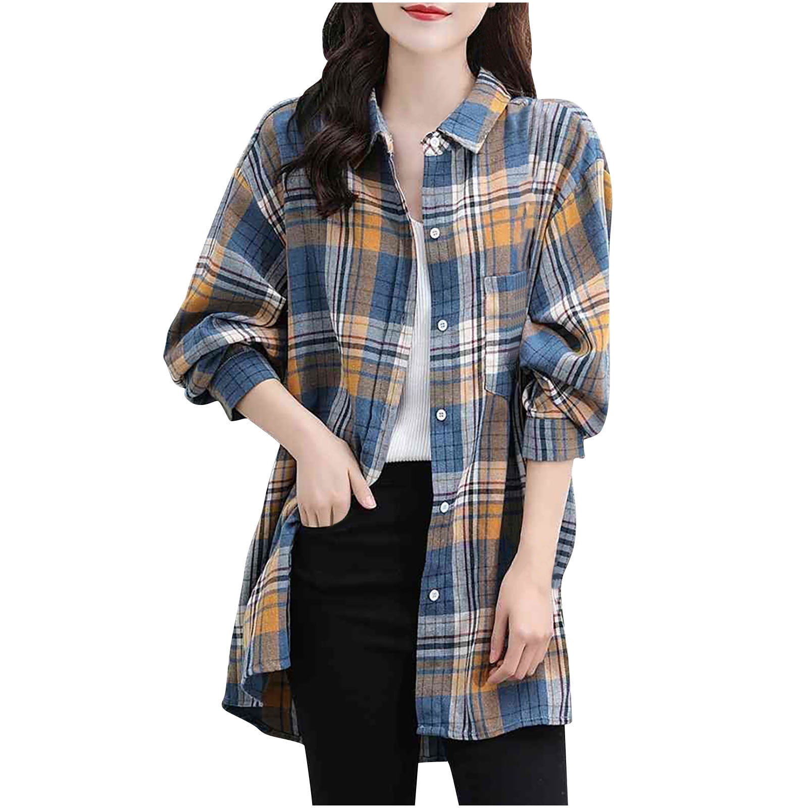 Lenpel Women's Fleece Shackets Plaid Oversized Long Sleeve Button down ...