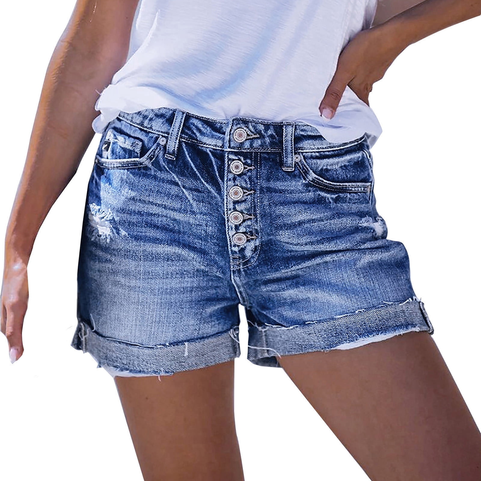 Lenpel Women's Jean Shorts High Waisted Frayed Hem Button Casual Denim ...