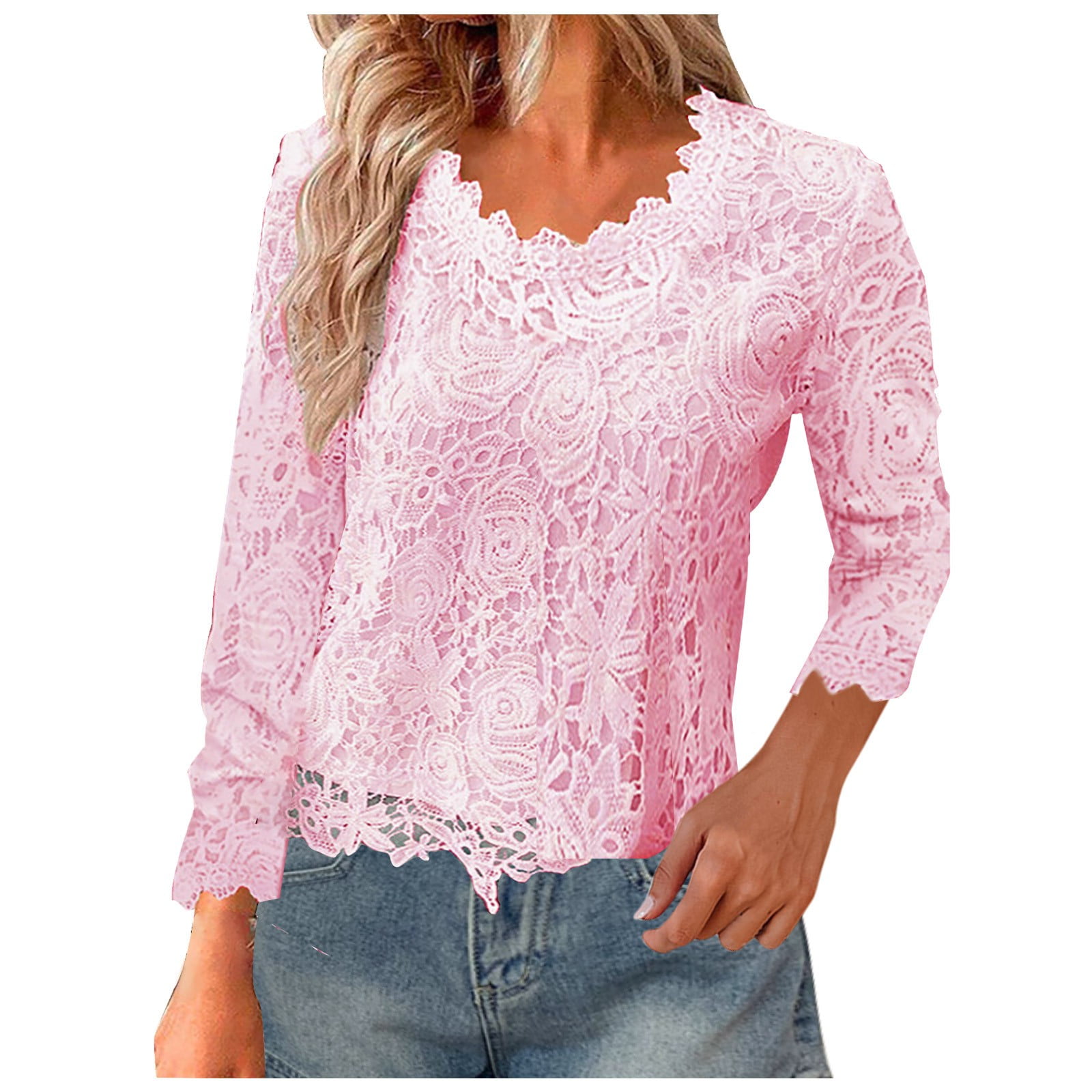Lenpel Women's Long Sleeve Shirts Plus Size Lace Crew Neck Solid Color ...