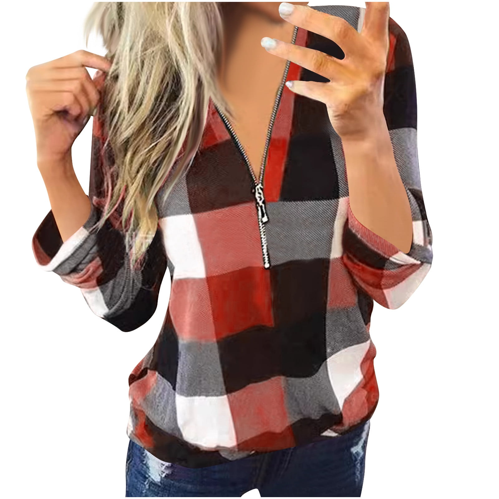 Lenpel Women's Plus Size Shirts Trendy Half Zip V Neck Long Sleeve ...