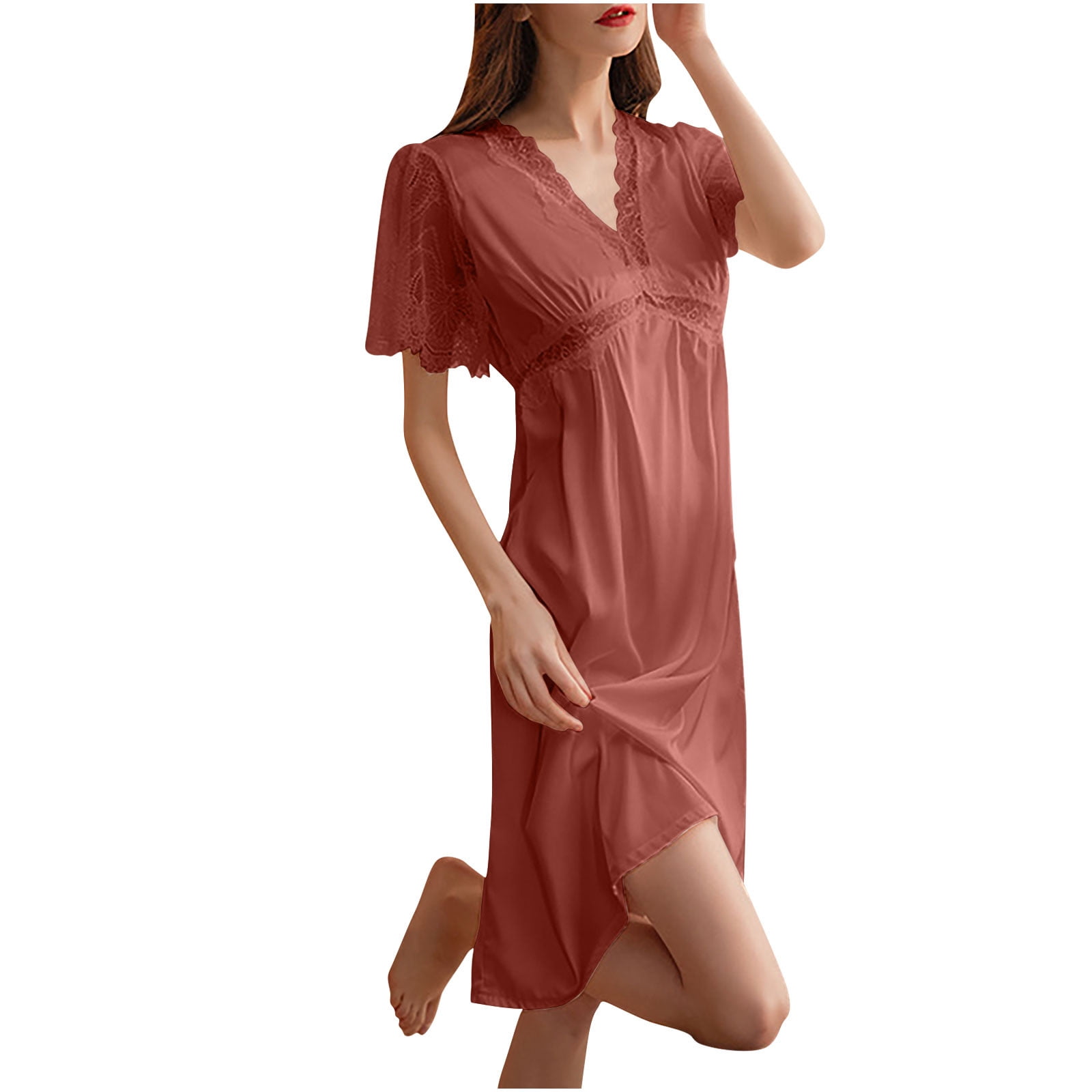 Lenpel Women's Satin Nightgown Sleepwear Lace Mesh Short Sleeve V Neck ...